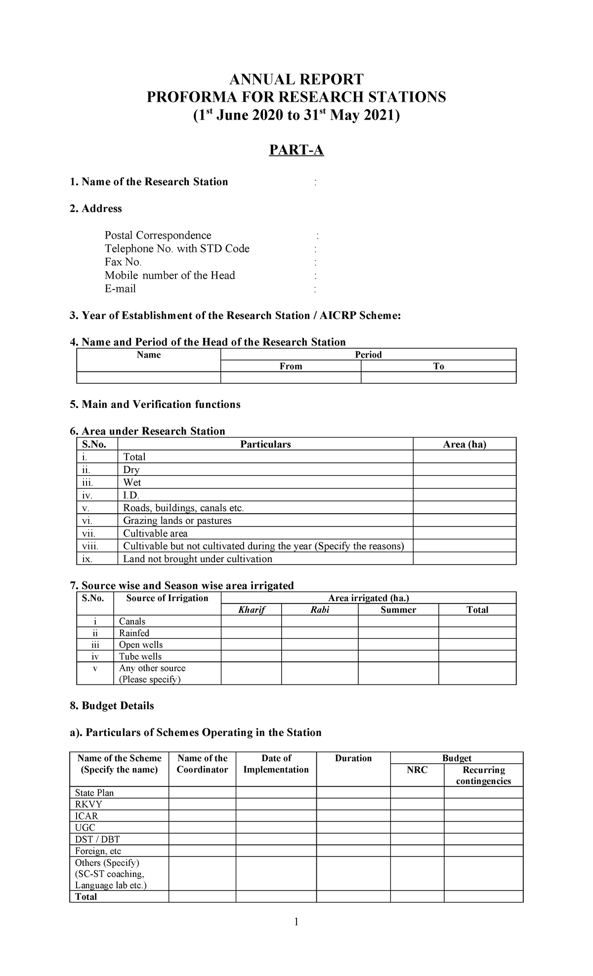 7th annual report proforma 2020 21 research - ANNUAL REPORT PROFORMA FOR RESEARCH STATIONS ( st ...