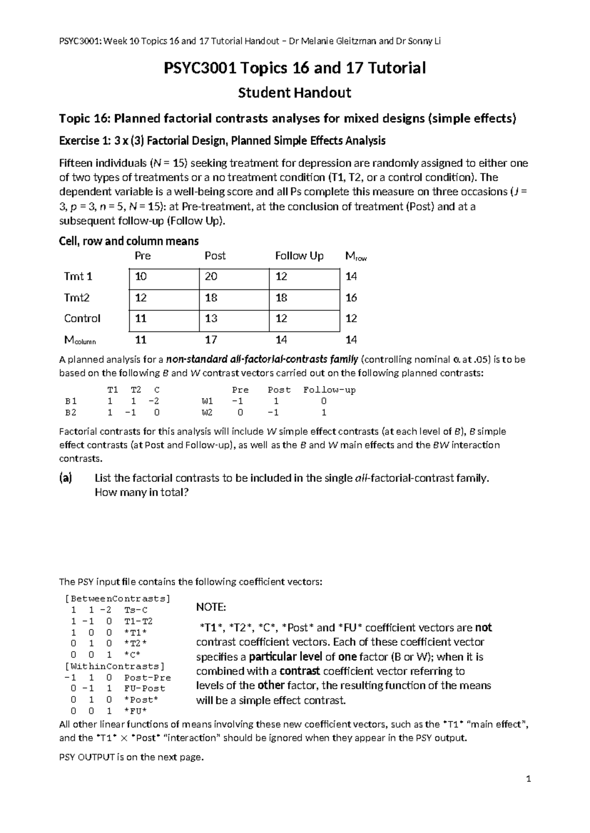 PSYC3001 Topics 16 and 17 Tutorial Handout 2024 - PSYC3001 Topics 16 and 17 Tutorial Student ...