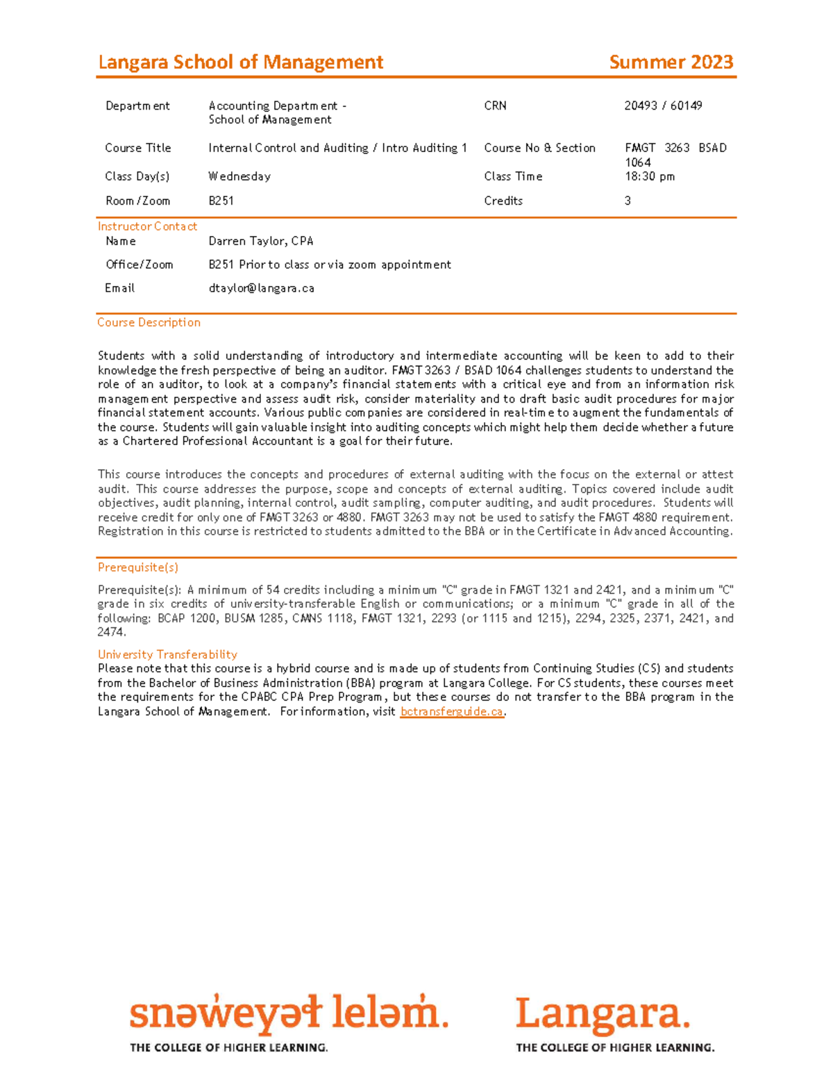 2023 FMT 3263 BSAD 1064 Summer Course Outline - May 9, 2023 updated ...