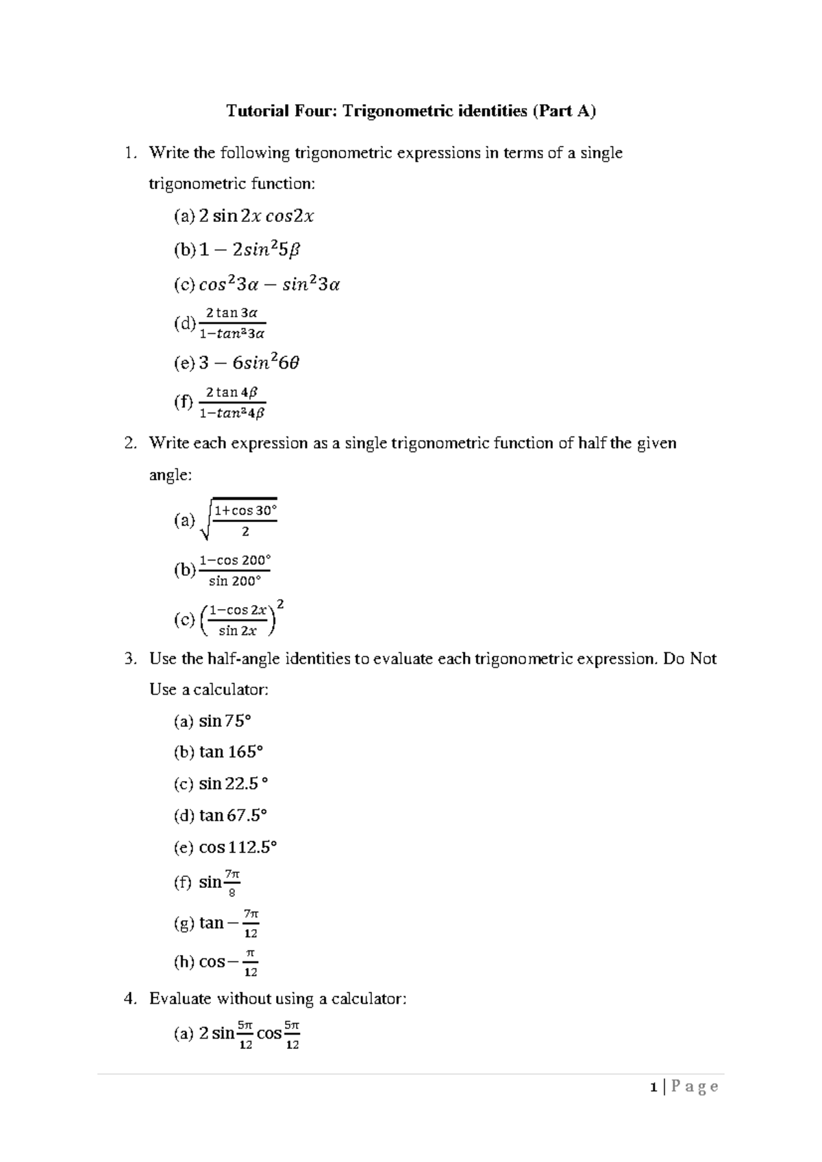 Tutorial Four 06Sep 2024 - Tutorial Four: Trigonometric identities ...