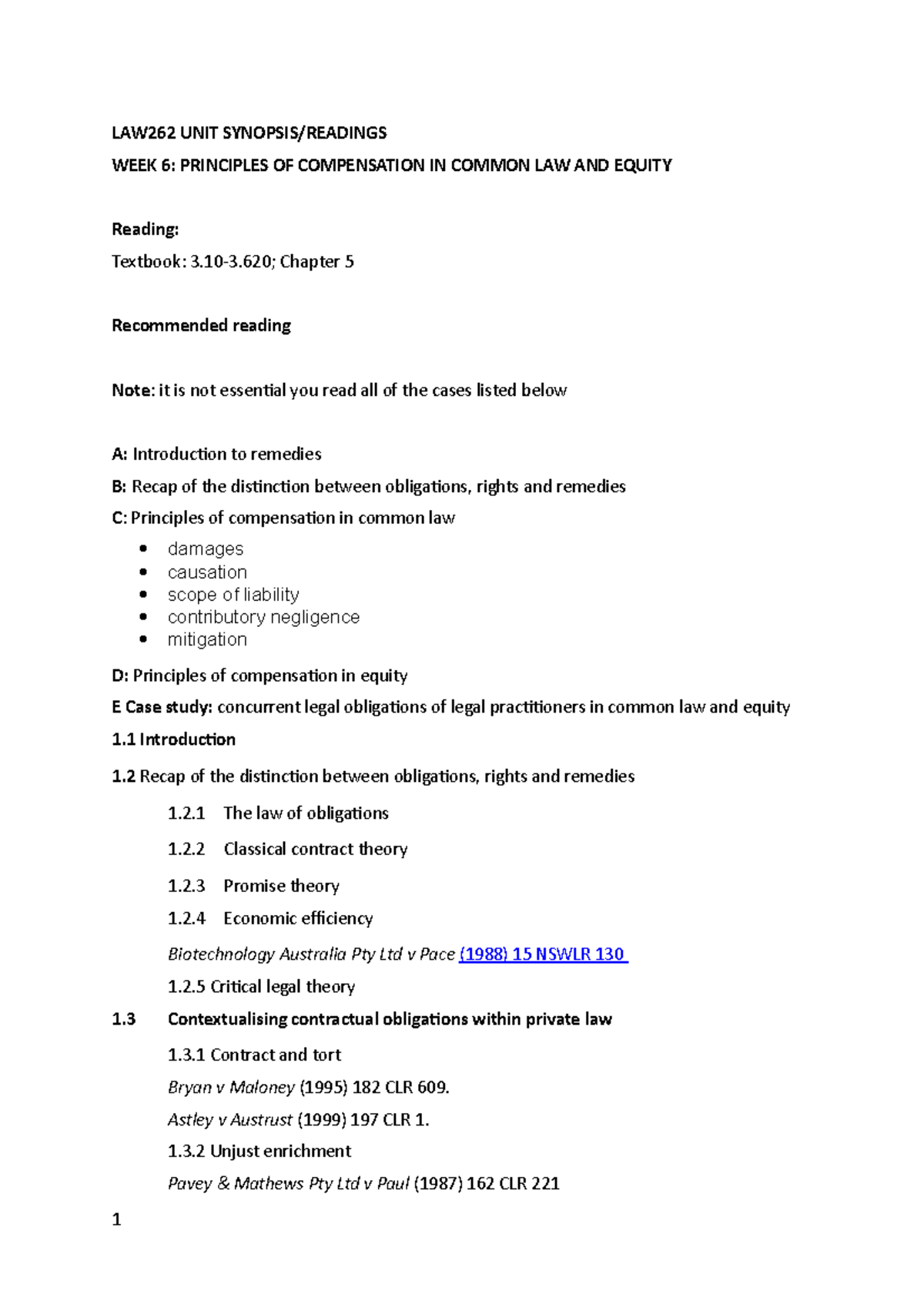 LAW262 Week 6 Readings - Law 262 - UTAS - StuDocu