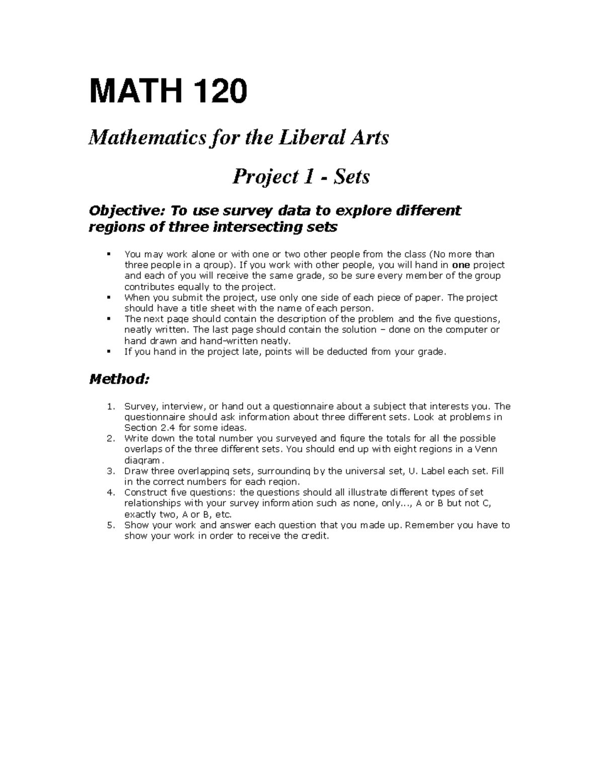 Math 120 - Sets Project - MATH 120 Mathematics for the Liberal Arts ...