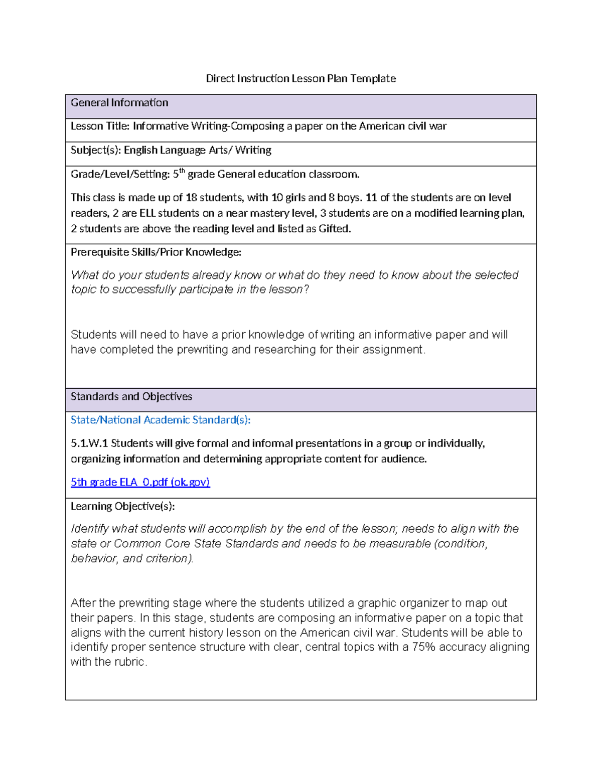 C365 lesson template 1 - Passing assessment - Direct Instruction Lesson Plan Template General ...