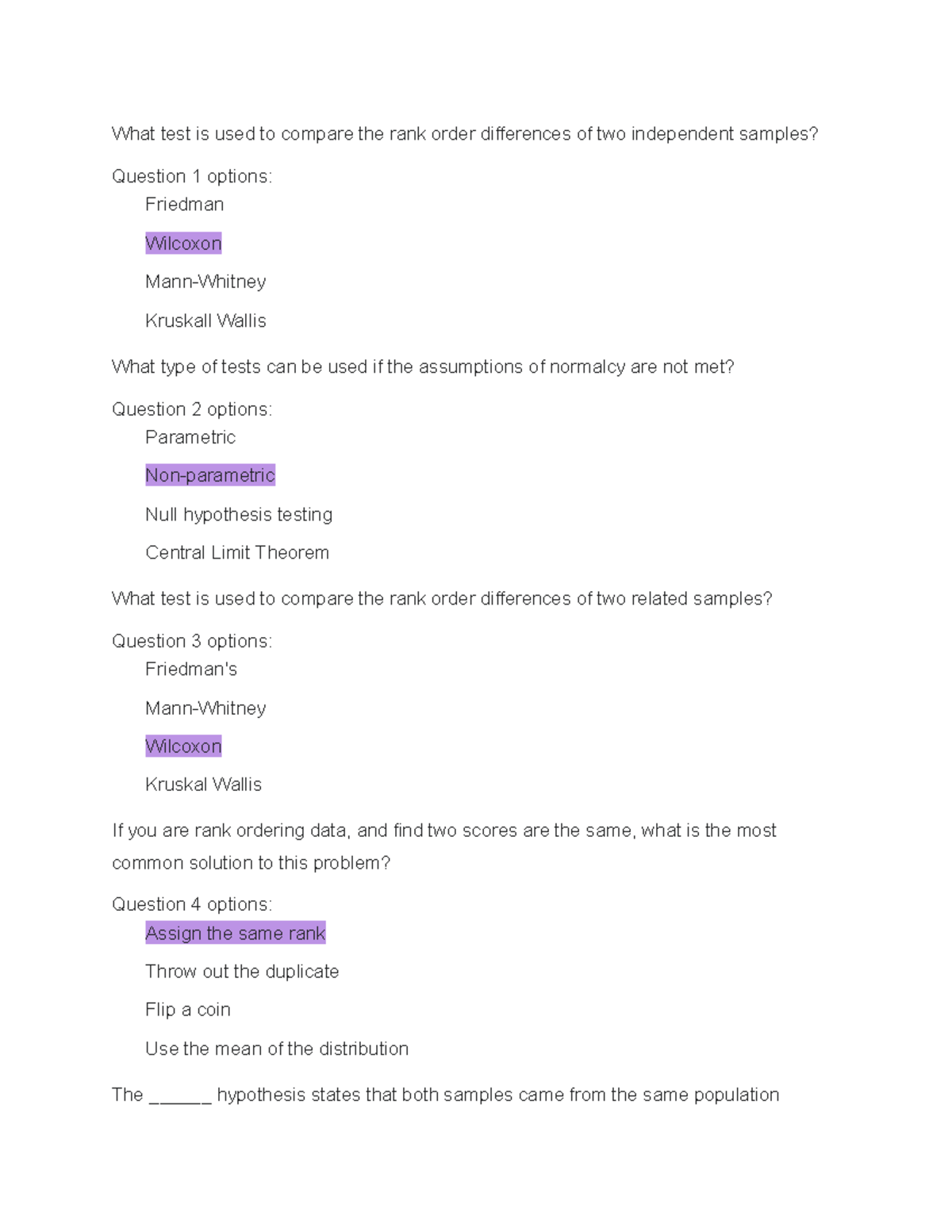 Practice quiz 5 - Google Docs - What test is used to compare the rank ...
