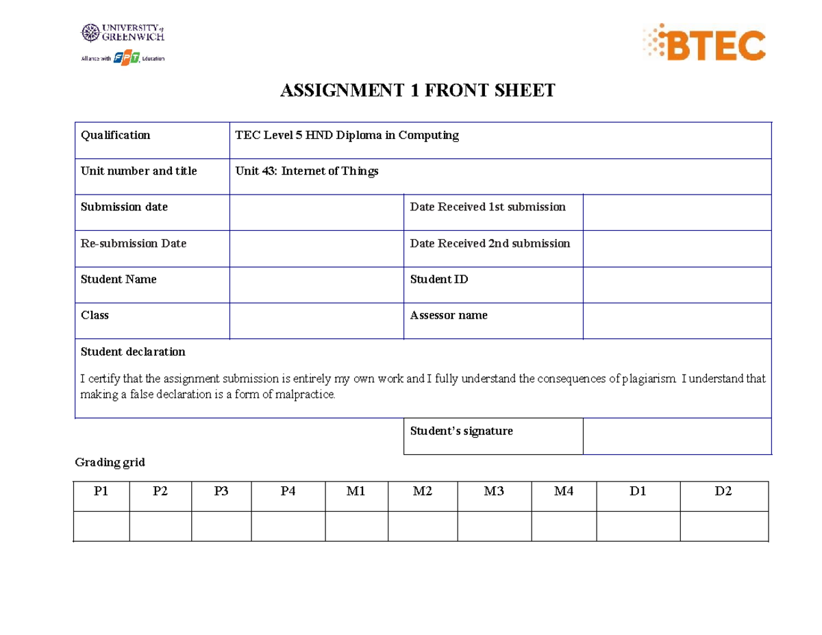 1 43-Io T.Assignment 1 frontsheet 2021 - ASSIGNMENT 1 FRONT SHEET Qualification TEC Level 5 HND ...