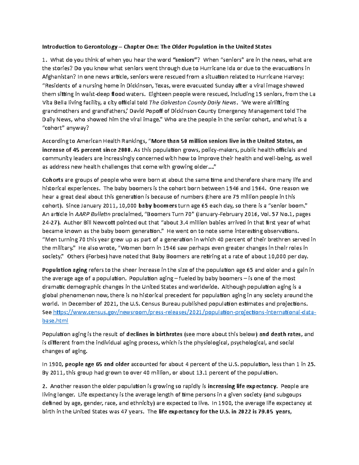 Introduction to Gerontology Chapter One Summary Lecture Notes Study ...