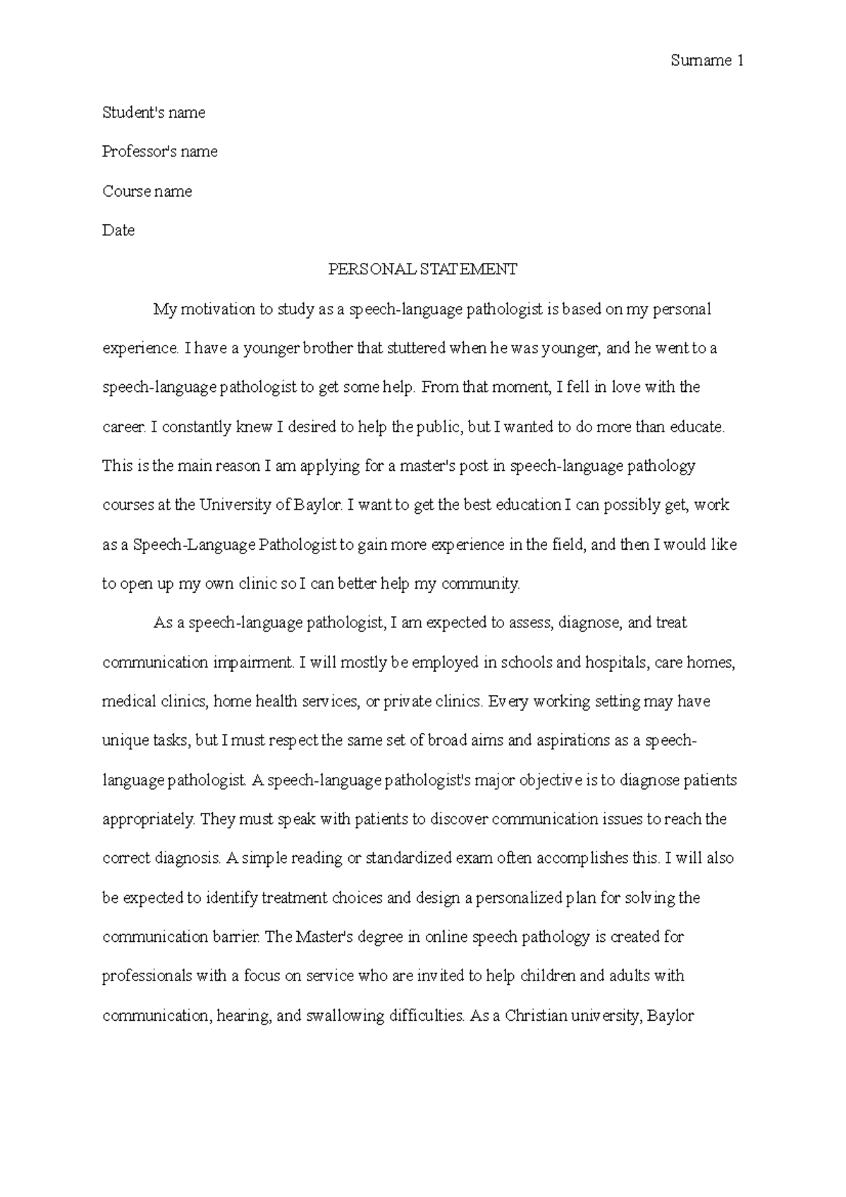 Personal statement - references study - Surname 1 Student's name ...