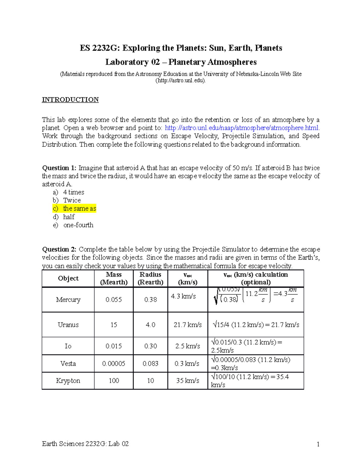 Lab Two for earth sci - ES 2232G: Exploring the Planets: Sun, Earth ...