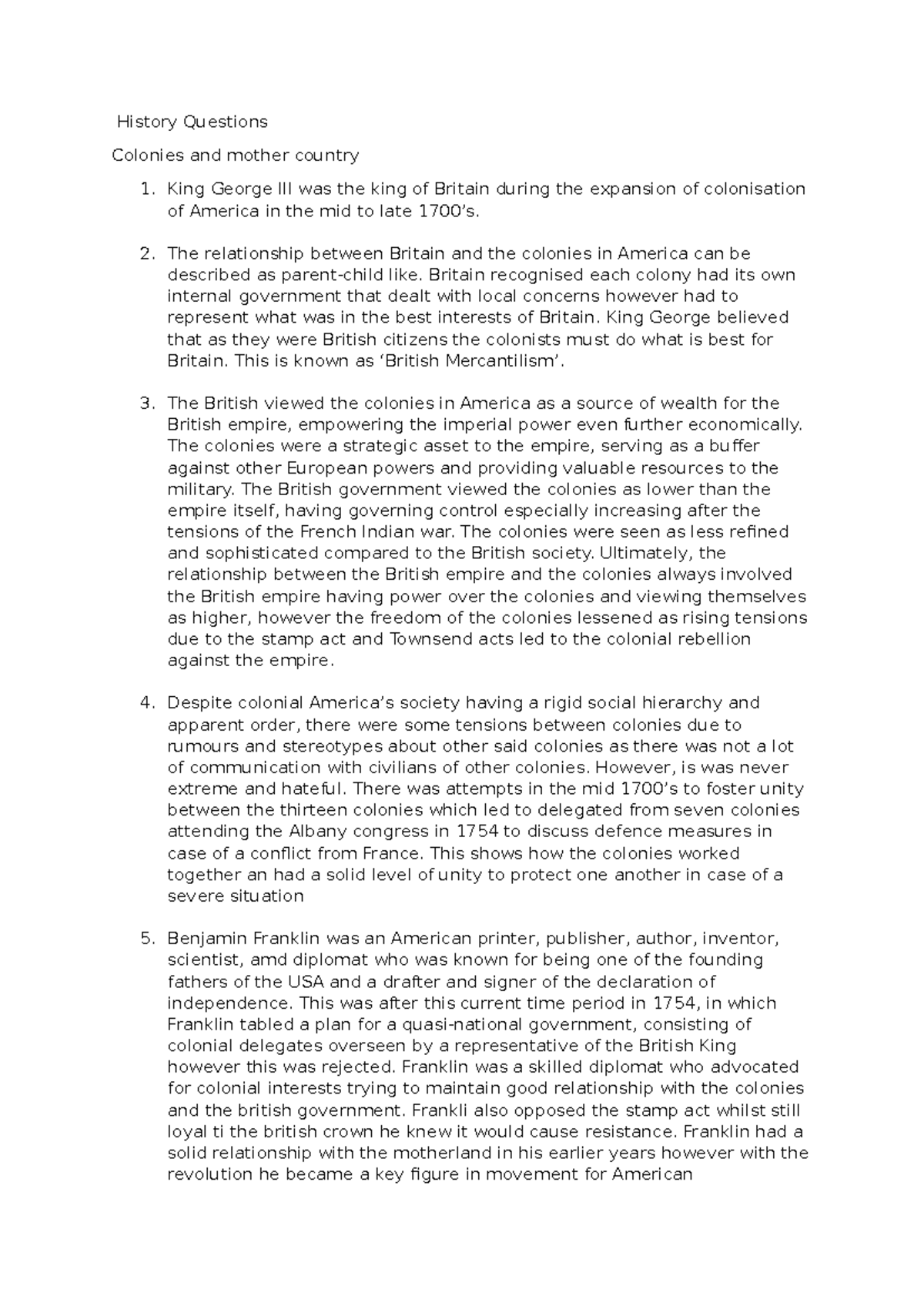 History Questions - History Questions Colonies and mother country King ...