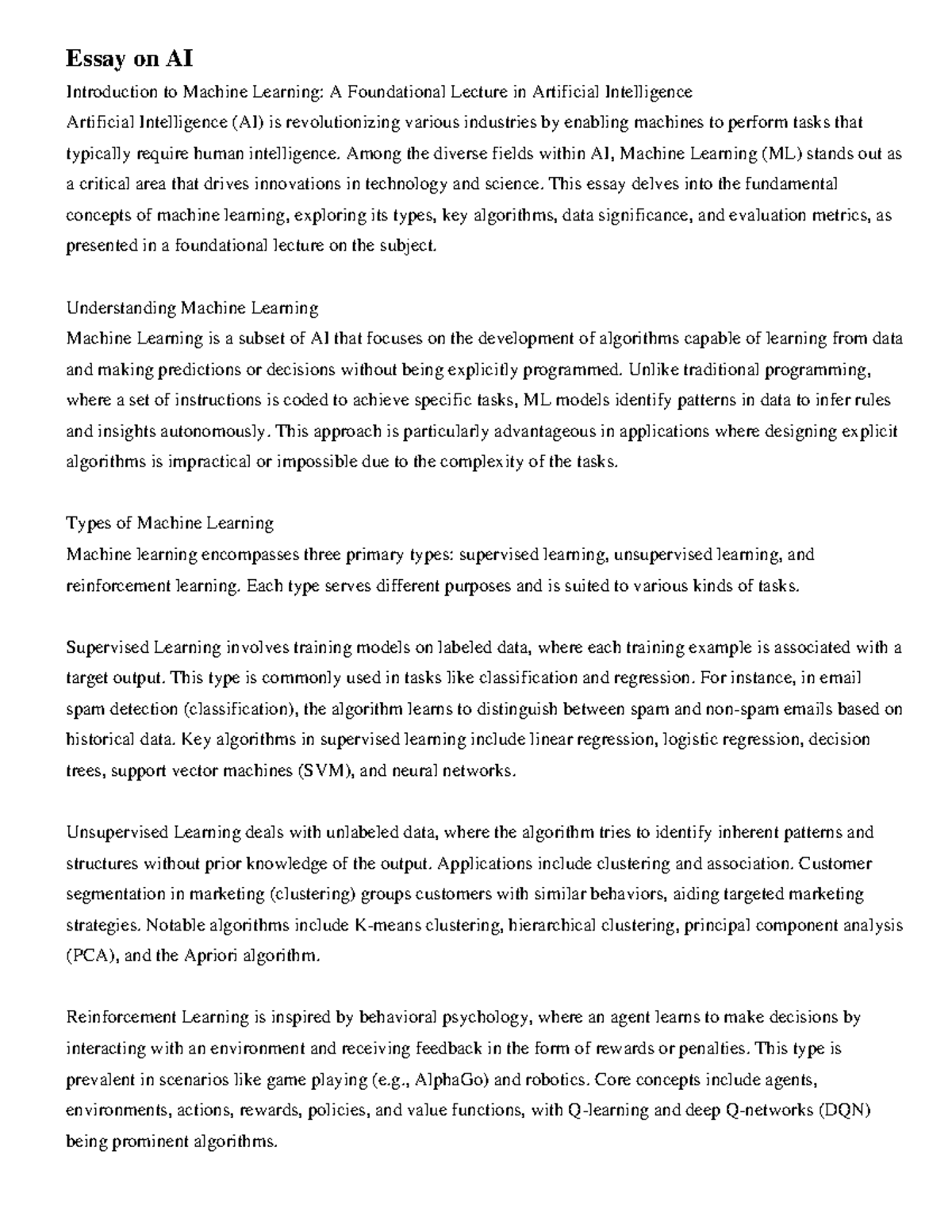AI & Machine Learning: Key Concepts and Algorithms - Essay - Essay on ...
