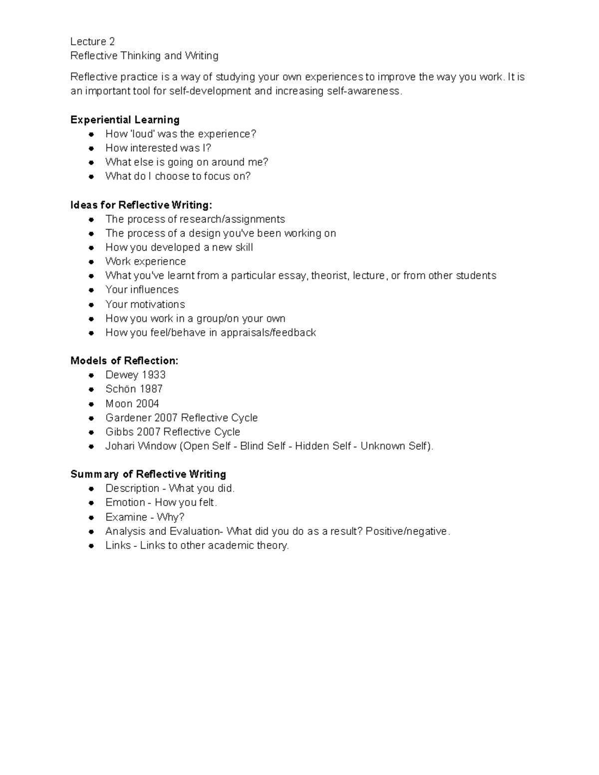 Reflective Thinking and Writing - Lecture 2 Reflective Thinking and ...