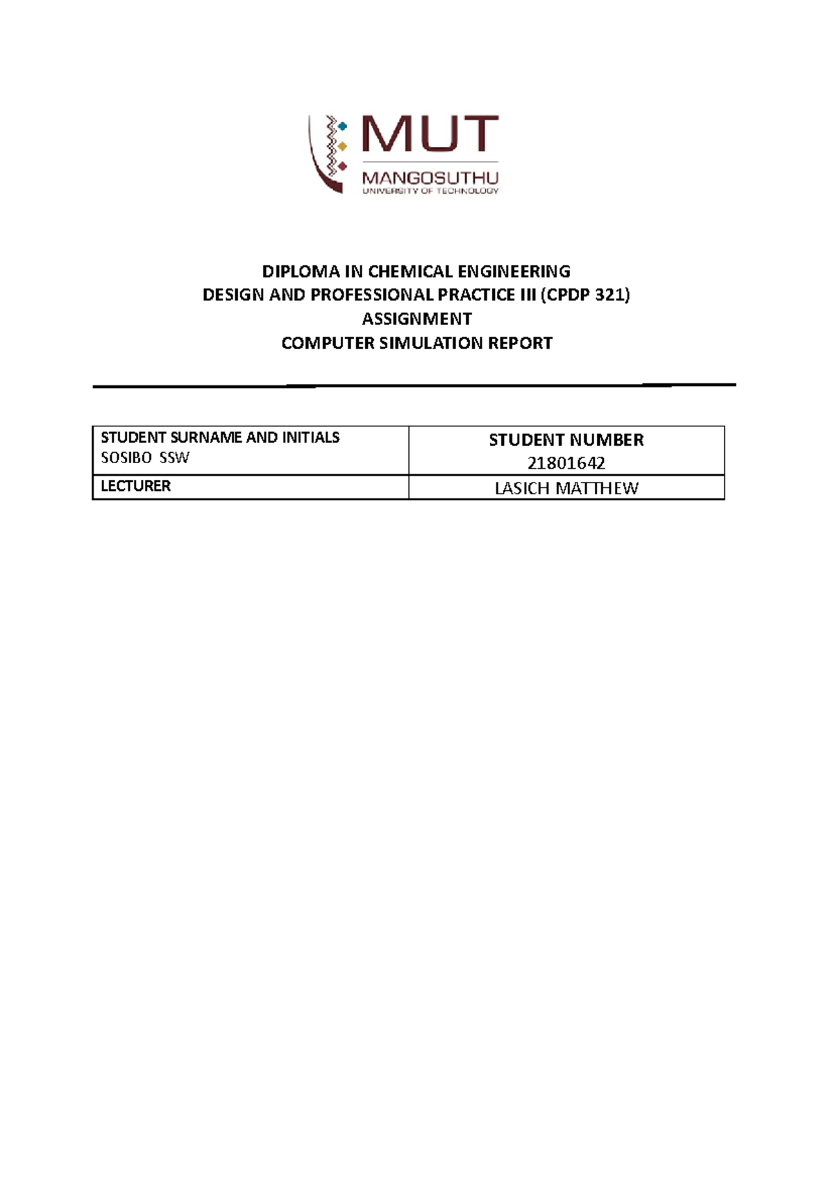 Chemical engineering Process design simulation - DIPLOMA IN CHEMICAL ...