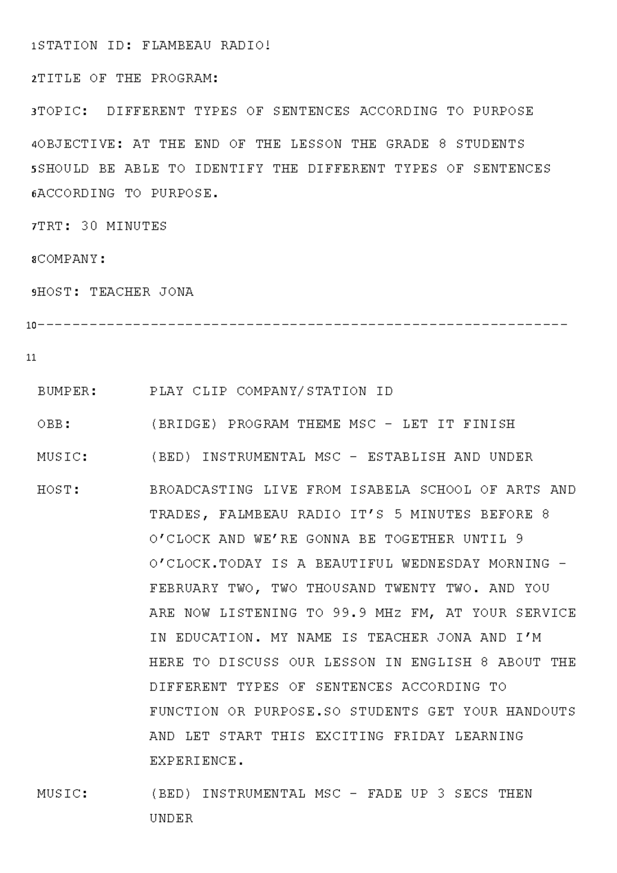 Rbi Broadcasting Script English 8 - STATION ID: FLAMBEAU RADIO! TITLE ...