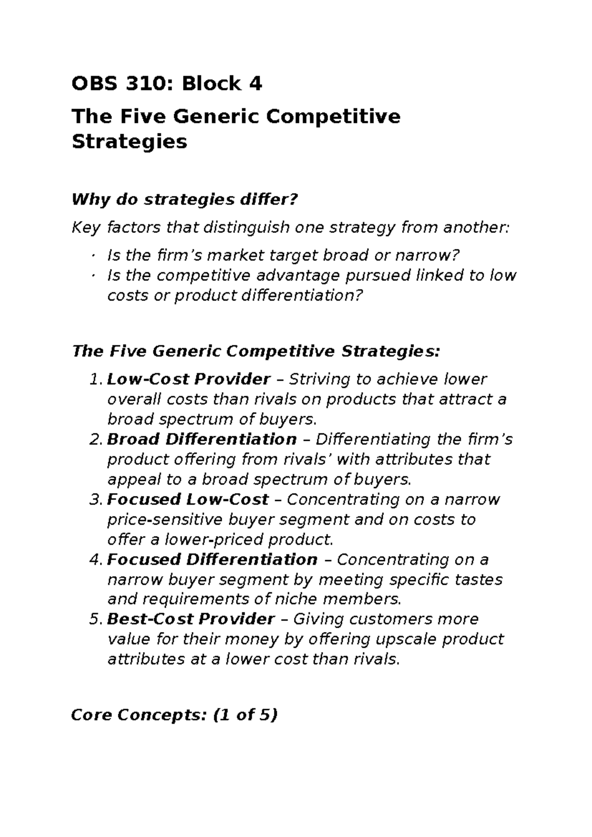 Block 4 Summary - OBS 310: Block 4 The Five Generic Competitive ...