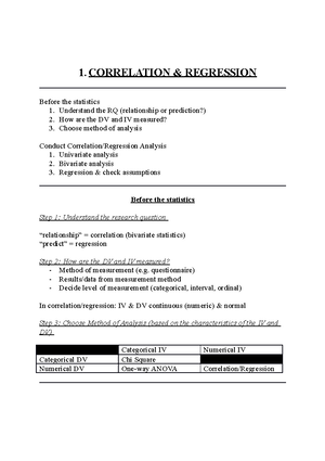 Cheat sheet - Correlation: Correlation measures co-variation Pearson’s ...