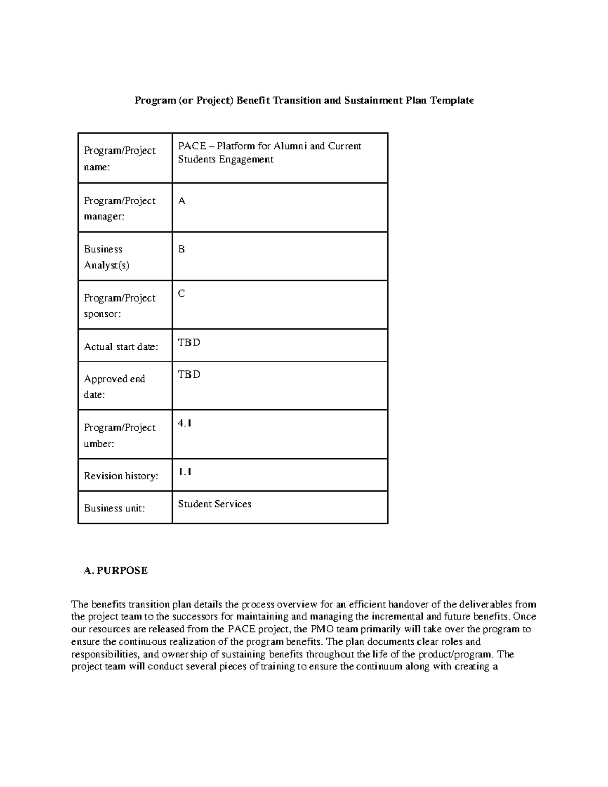 Program Benefit Transition Sustainment Plan - Program (or Project ...
