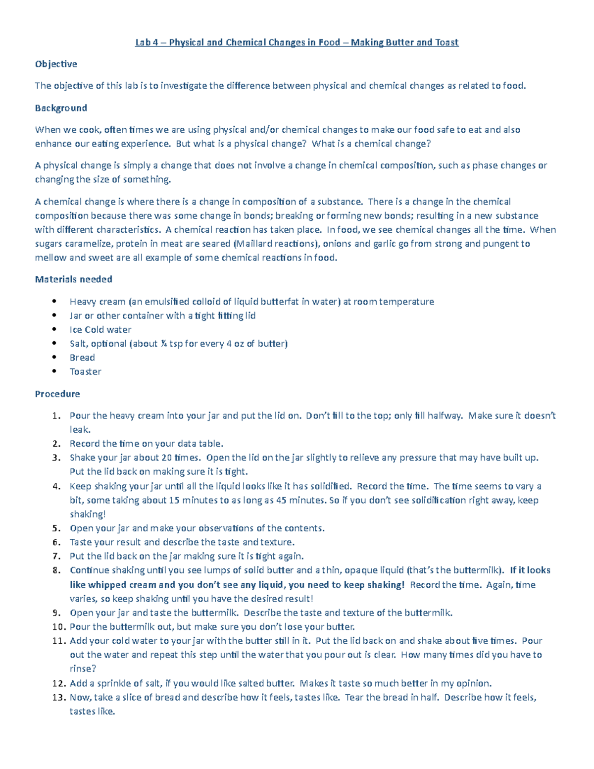 Lab 4 physical and chemical - Lab 4 – Physical and Chemical Changes in ...