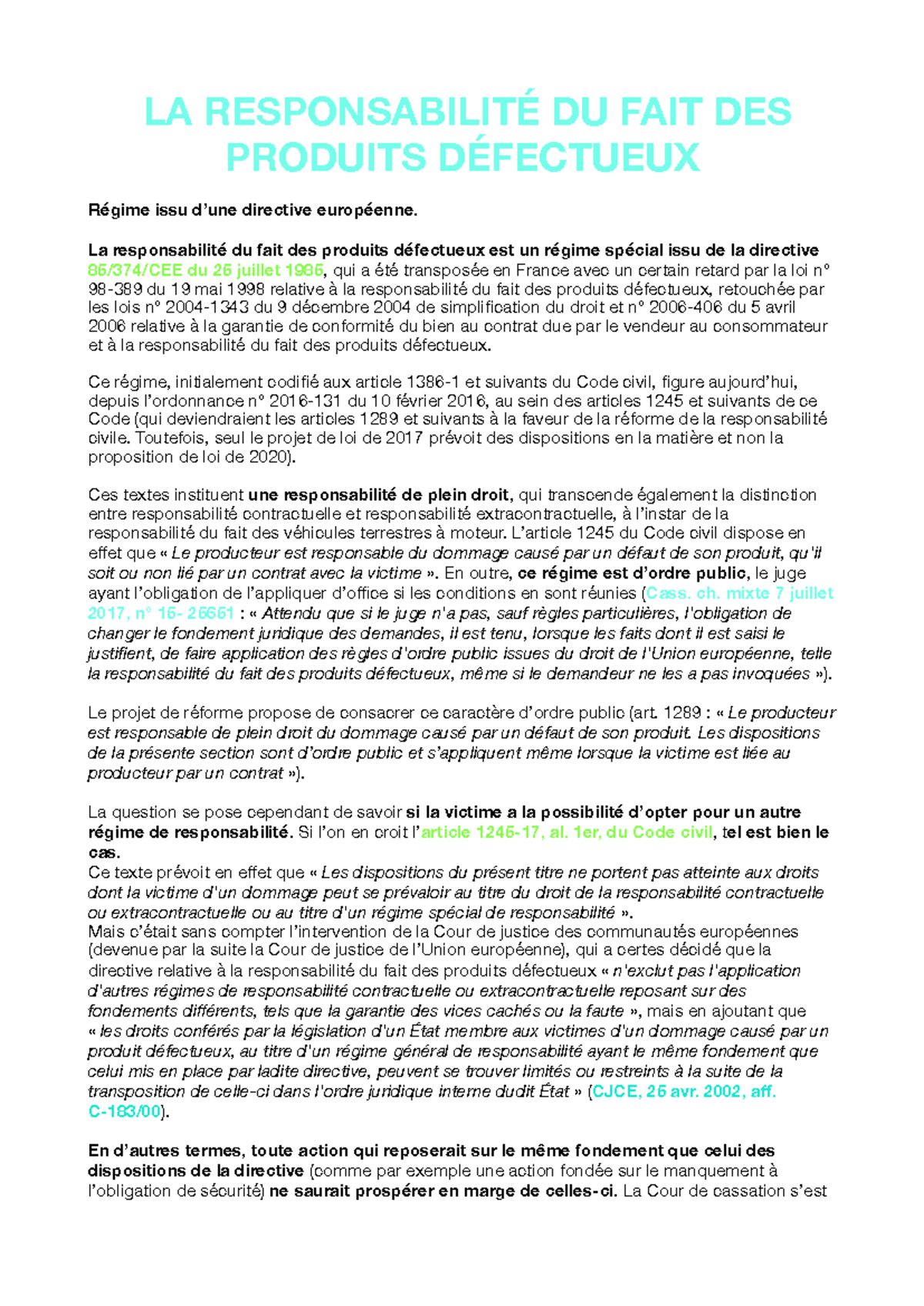 responsabilité des produits défectueux - LA RESPONSABILITÉ DU FAIT DES ...