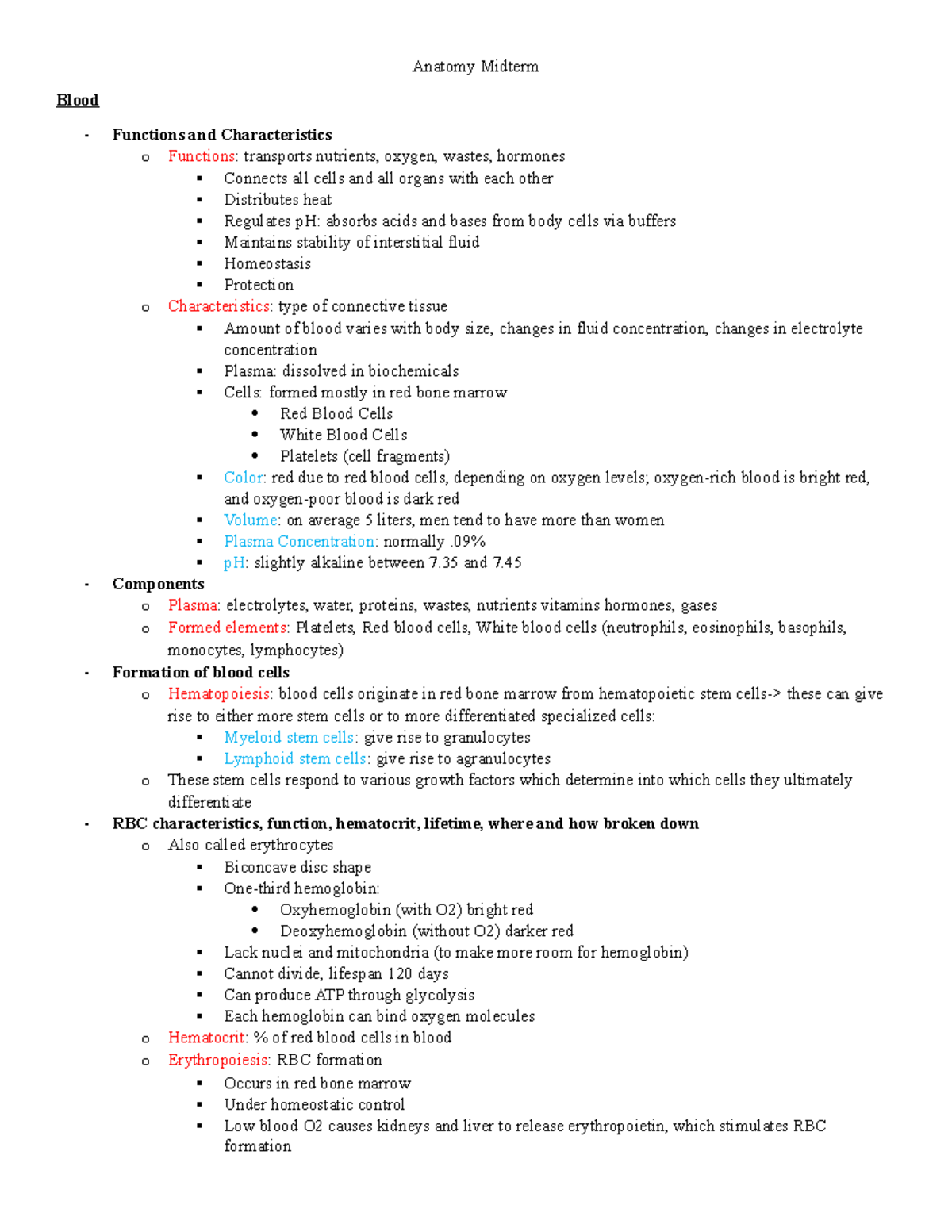 Anatomy Midterm - Anatomy Midterm Blood Functions and Characteristics o ...