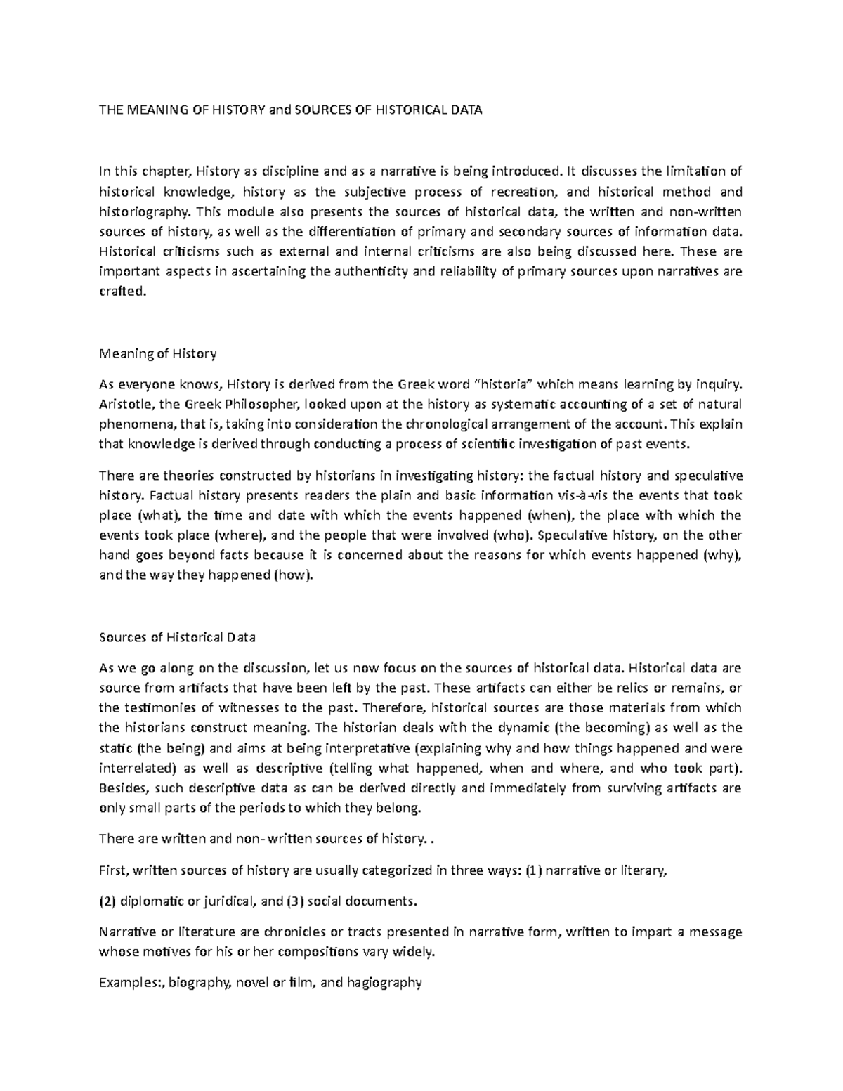 THE Meaning OF History and Sources OF Historical DATA - THE MEANING OF ...