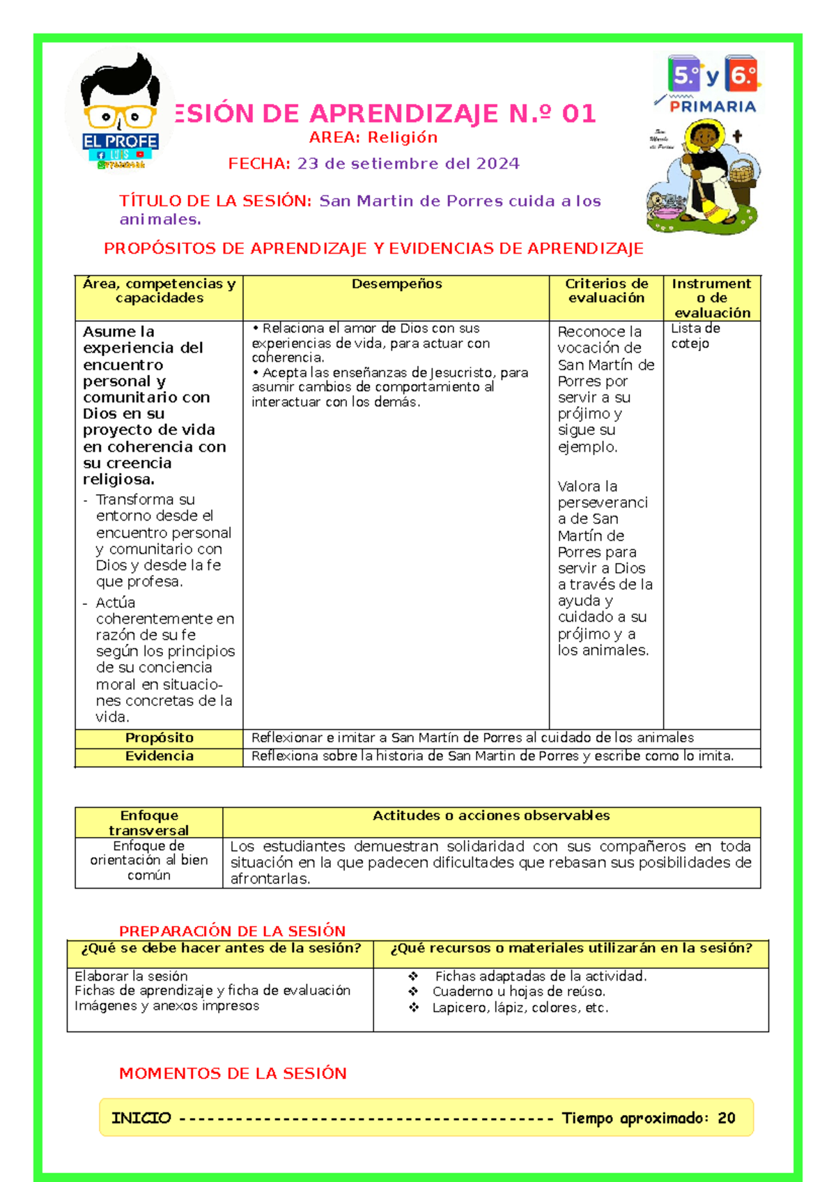 01. Sesion Religion-SAN Martin DE Porres Cuida A LOS Animales - SESIÓN DE APRENDIZAJE N.º 01 ...