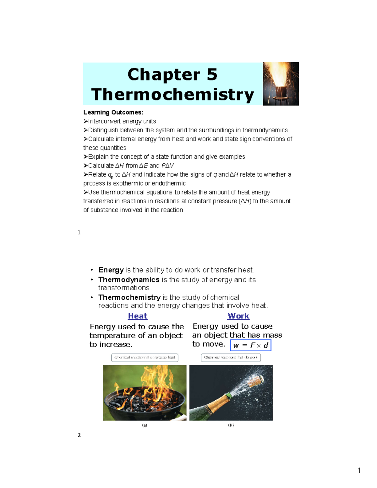 Chapter 5 lecture notes - Chapter 5 Thermochemistry Learning Outcomes ...