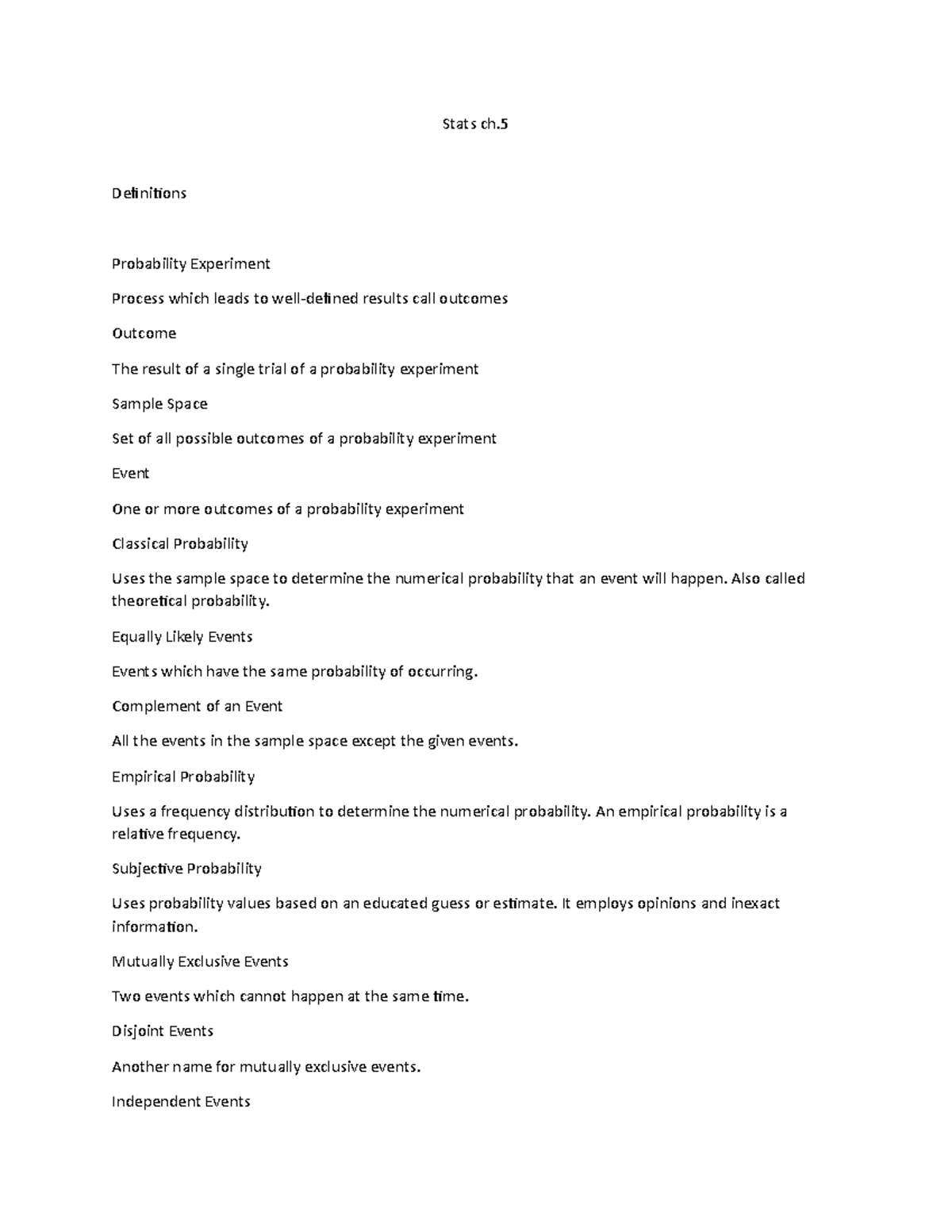 Statistics chapter 5 - Stats ch Definitions Probability Experiment ...