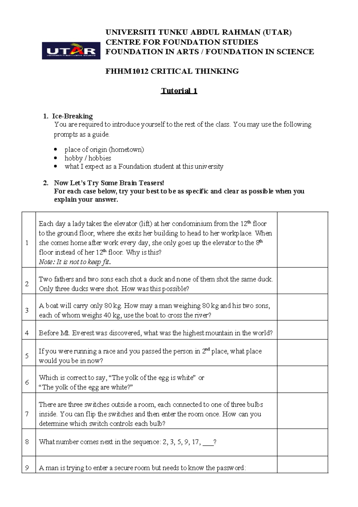 Tutorial 1 202410 - UNIVERSITI TUNKU ABDUL RAHMAN (UTAR) CENTRE FOR ...