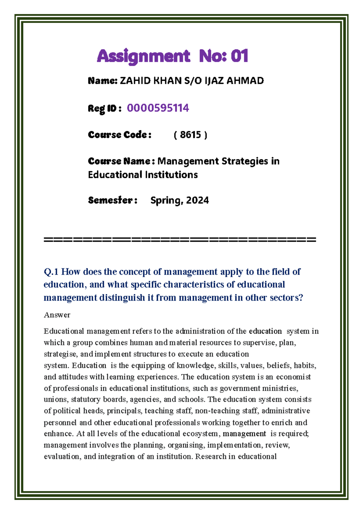 ( 8615 ) 1 - Solved assignments - Assignment No: 01 Name: ZAHID KHAN S ...