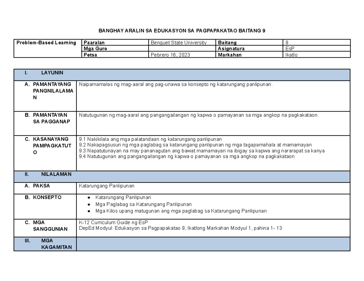Loque-Marquez - Sample Lesson Plan for Values Education Subject ...