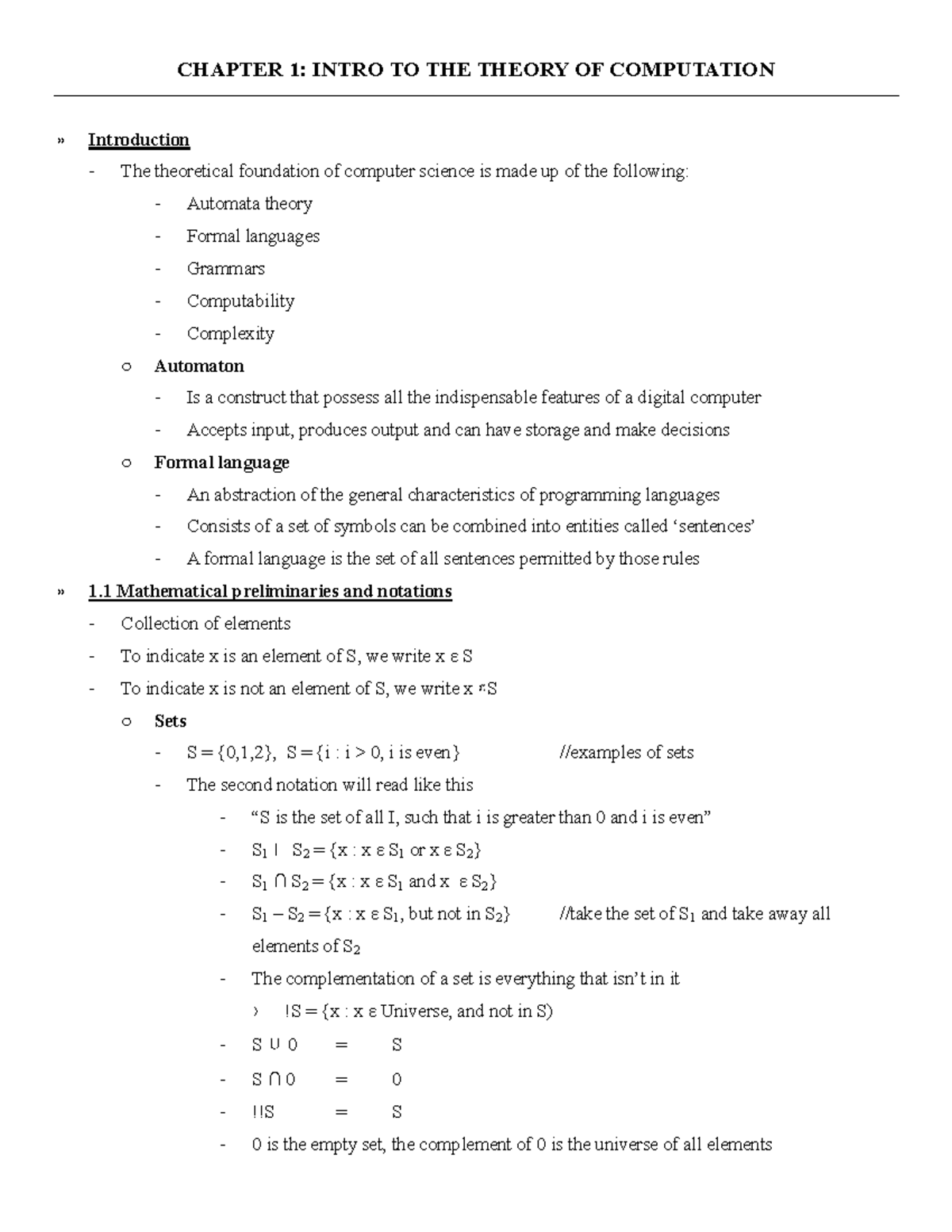 Comp 335 - Textbook Notes - CHAPTER 1: INTRO TO THE THEORY OF ...