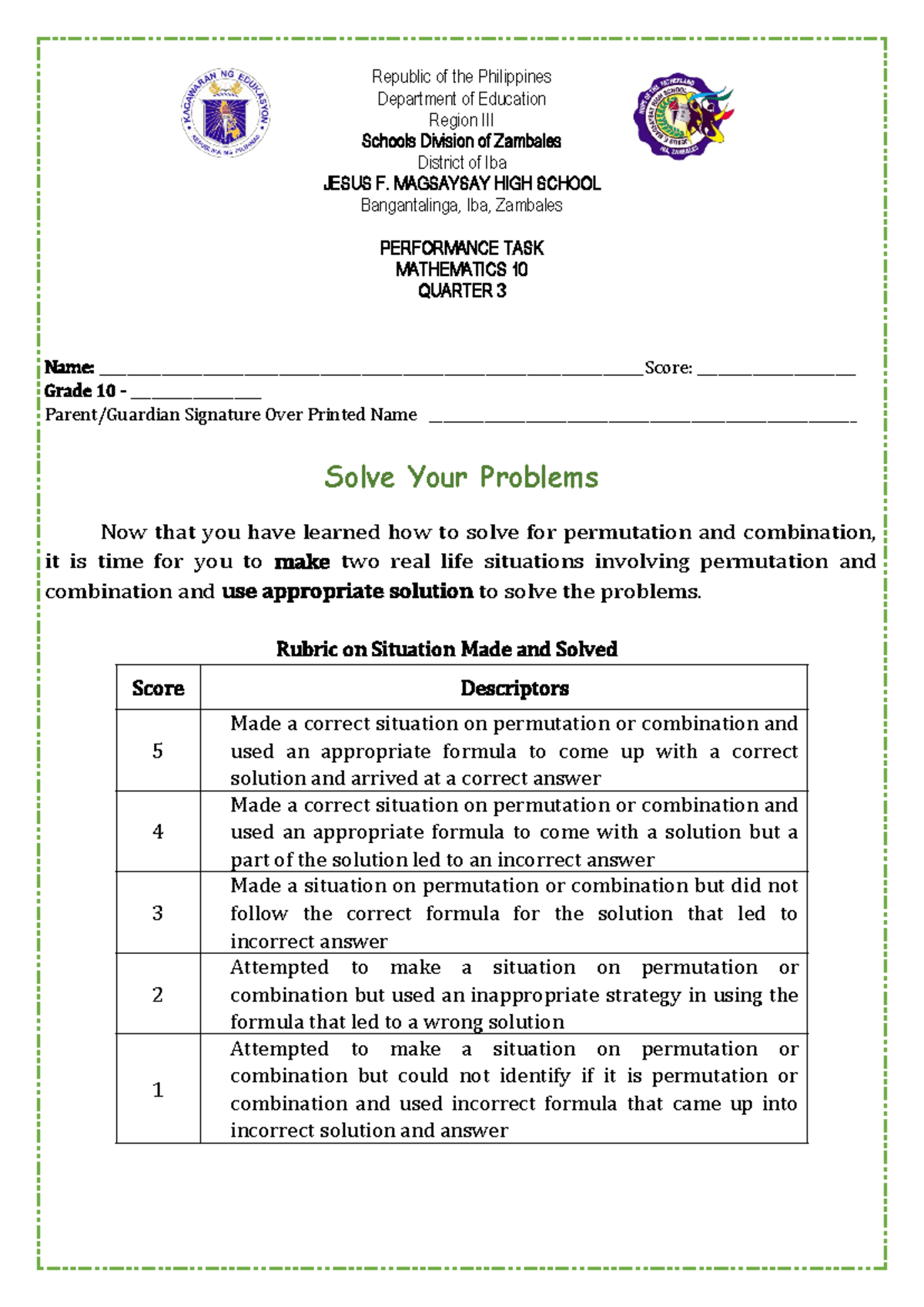 Mathematics Performance task - Republic of the Philippines Department ...