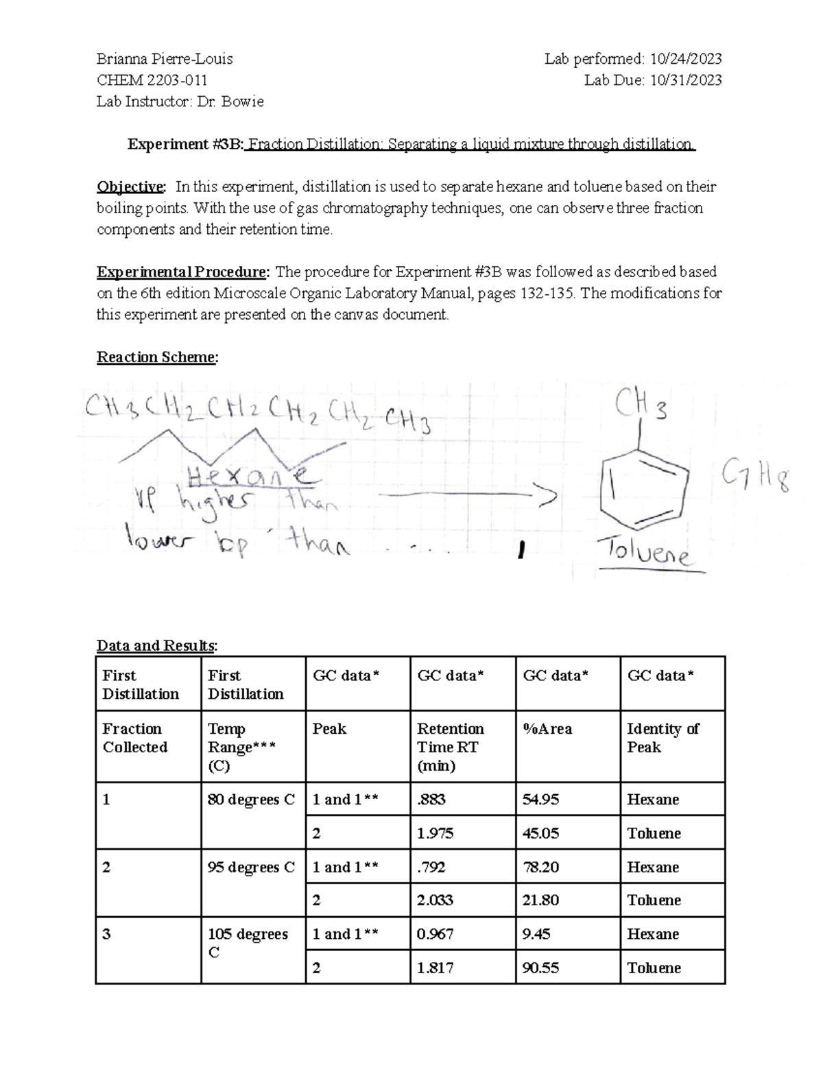 Lab Report Experiment 8 Chem 2203 011 Lab Due 10 31 Lab Instructor