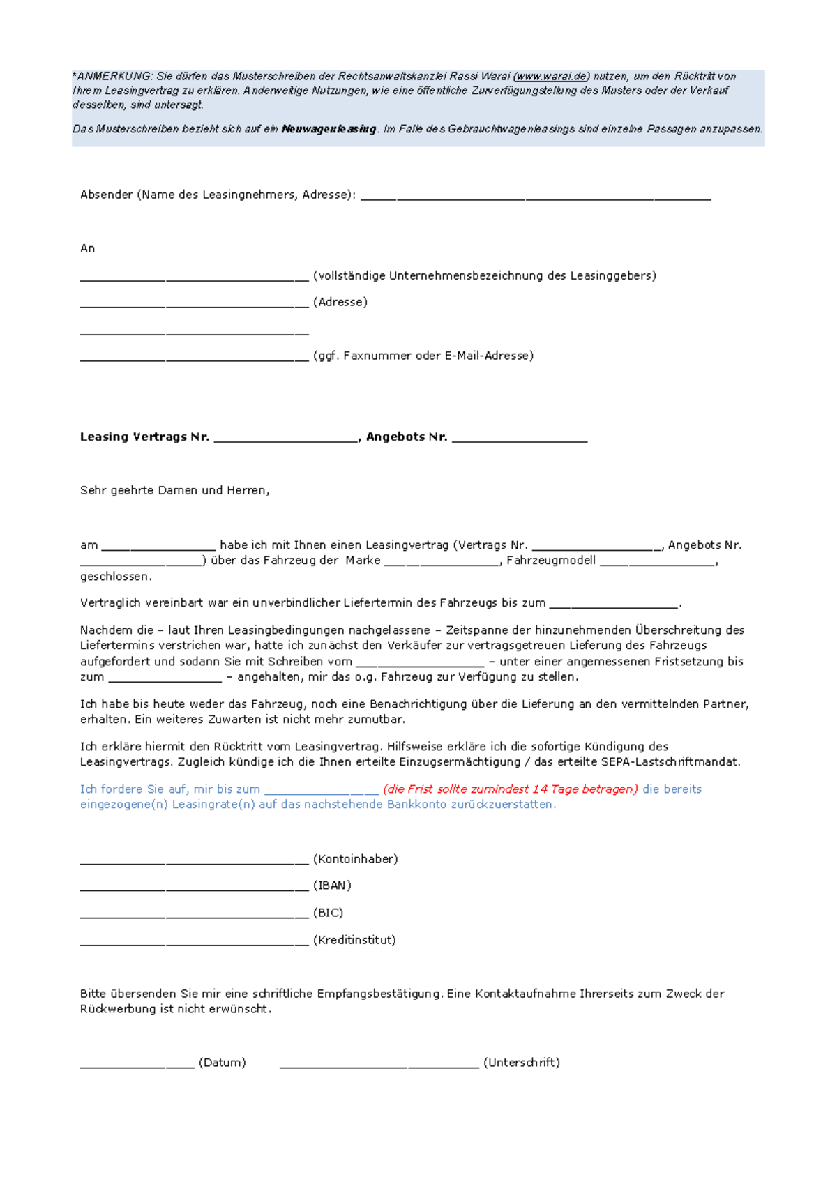 Ruecktritt-leasing-musterschreiben - *ANMERKUNG: Sie dürfen das Musterschreiben der - Studocu