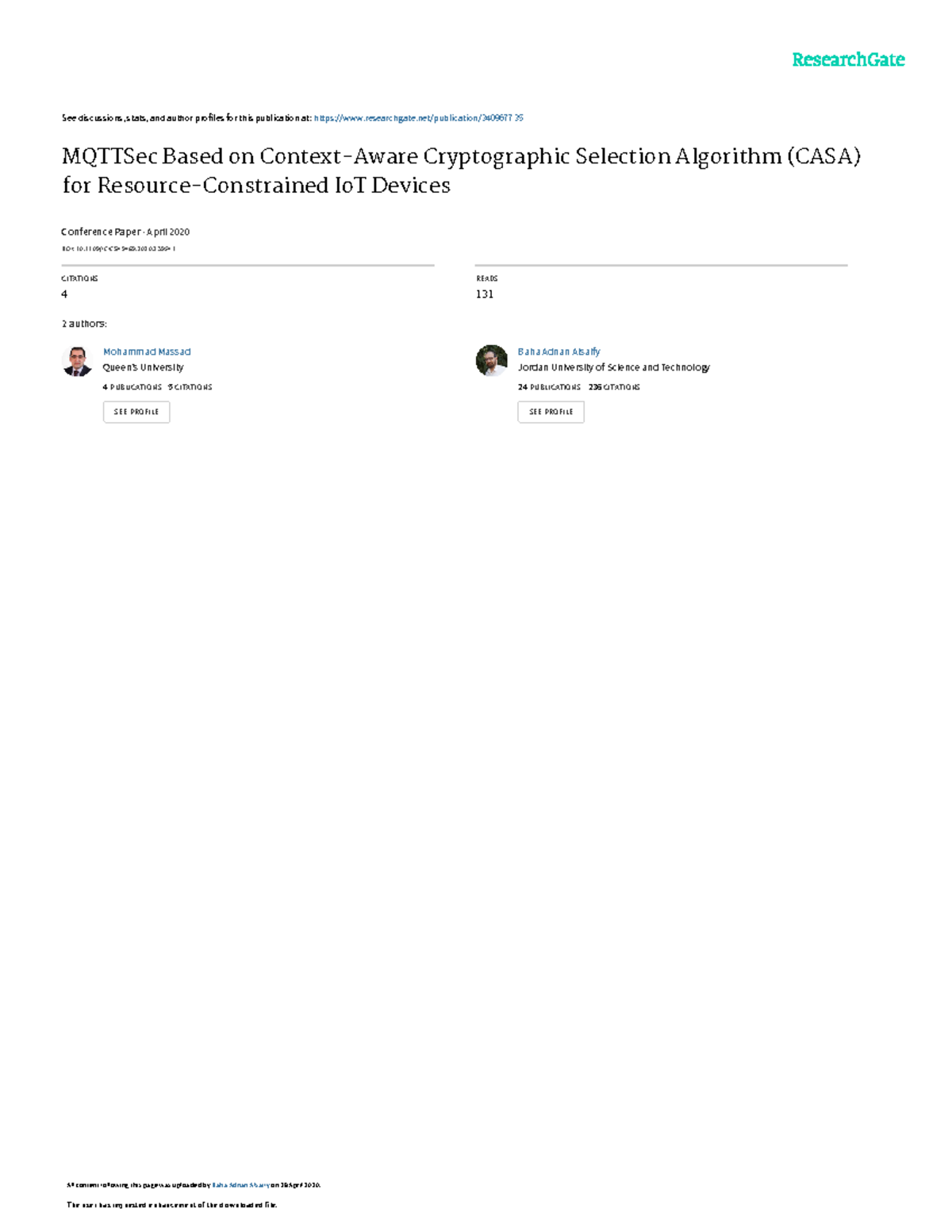 Mqttsec Basedon Context Aware Cryptographic Selection Algorithm Casafor