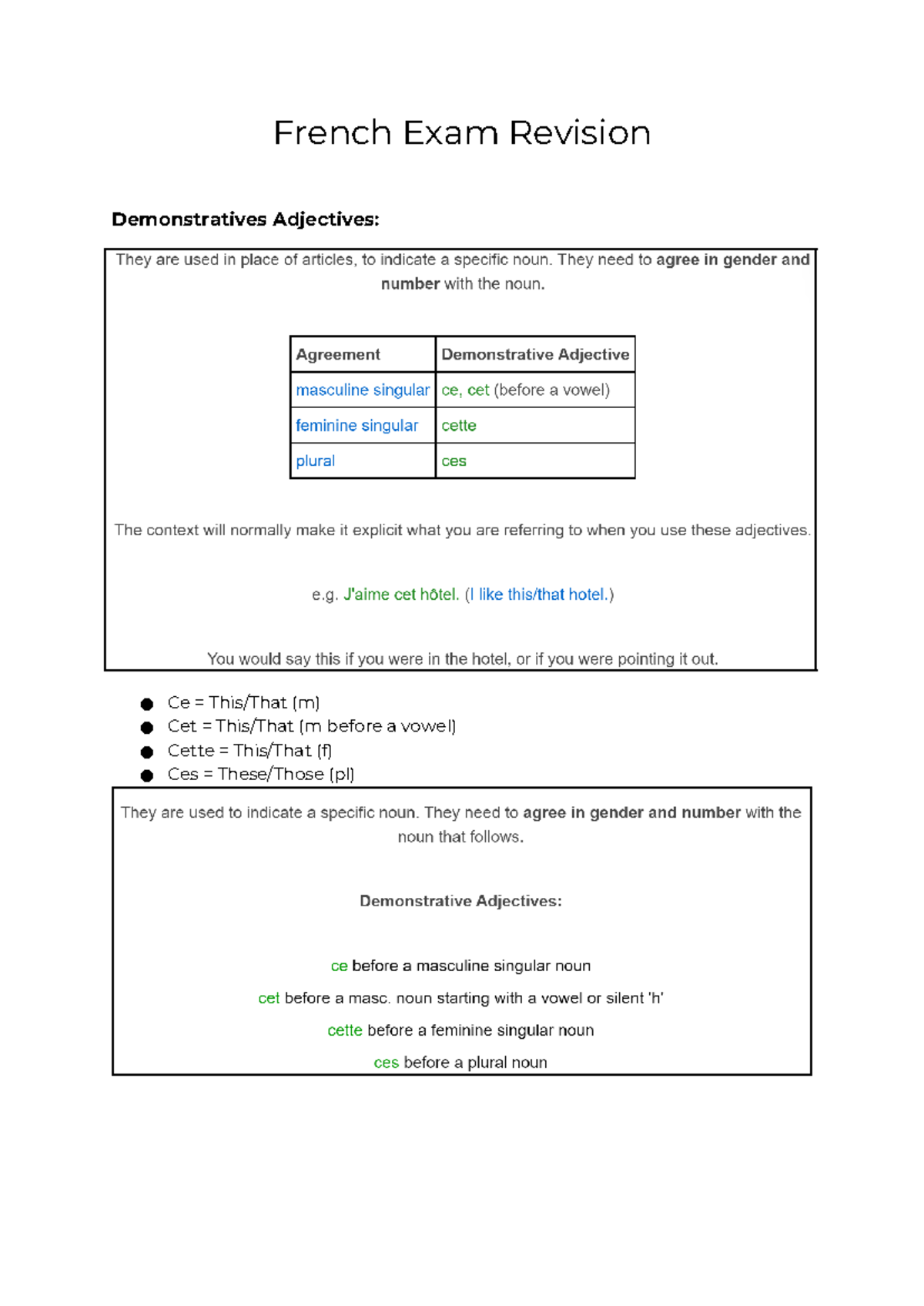 French-exam-revision - French Exam Revision Demonstratives Adjectives ...