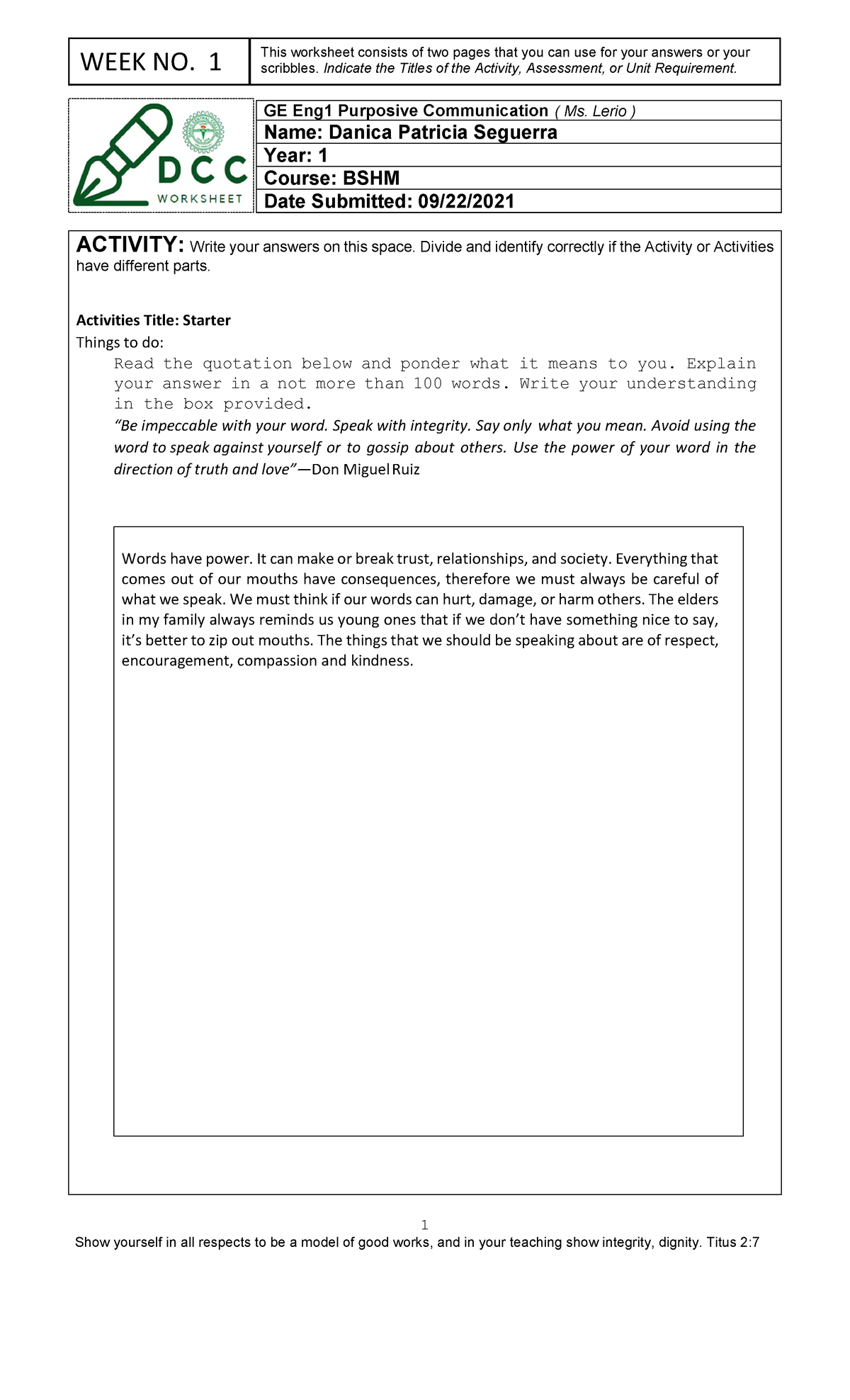 Seguerra, GE ENG 1 (430-600 PM) Week 1 - 1 Show yourself in all respects to be a model of good ...