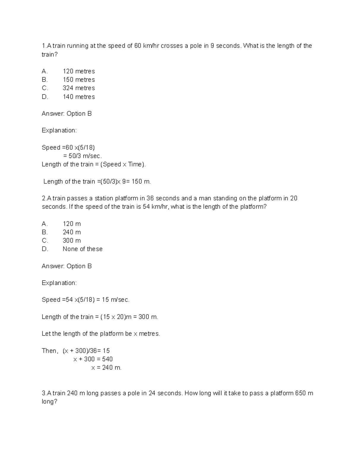 Aptitude - Problems on Trains - 1 train running at the speed of 60 km ...