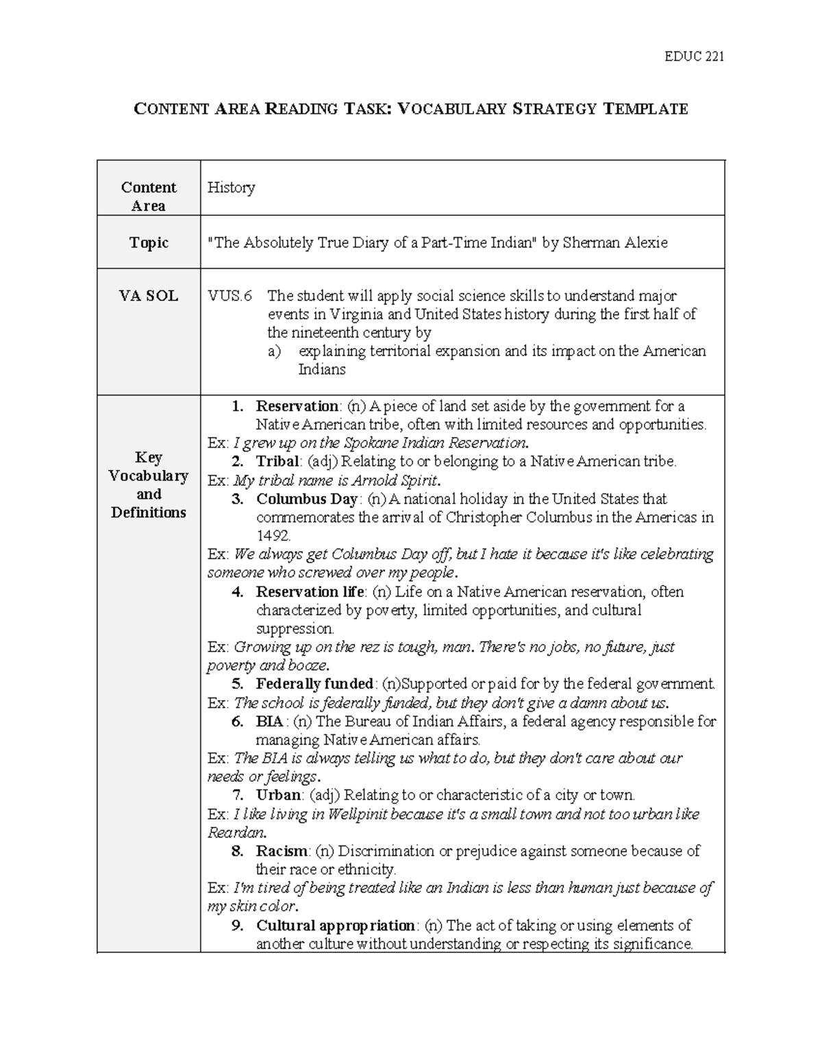 Content Area Reading Task Vocabulary Strategy Template - EDUC 221 ...