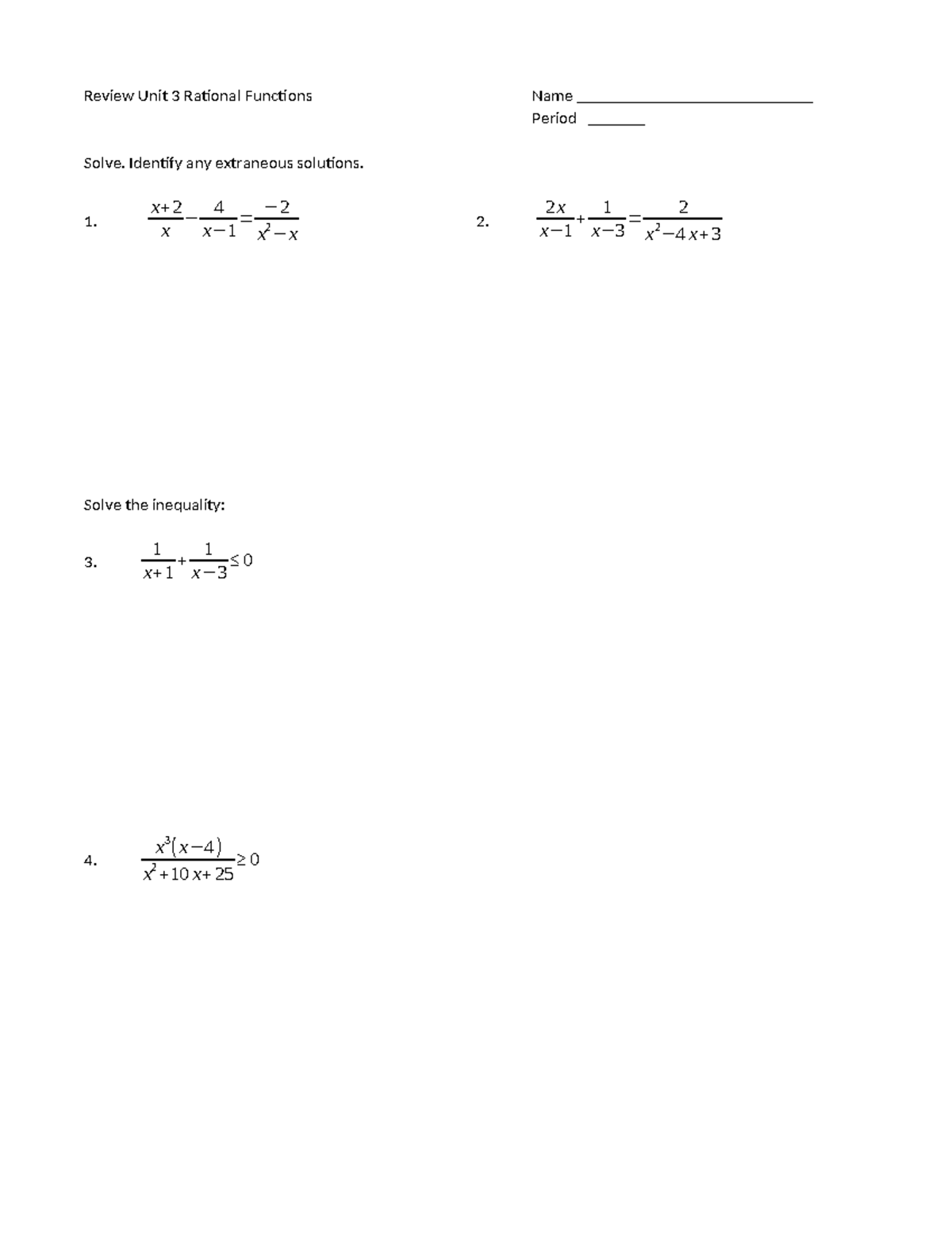 Review Unit 3 - Homework - Review Unit 3 Rational Functions Name Period ...