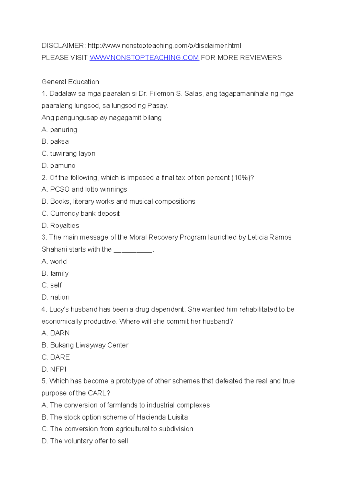 LET Reviewer General Education - DISCLAIMER: nonstopteaching/p ...