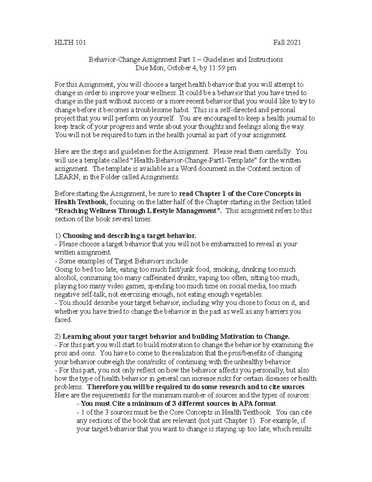 HLTH101F21-Behaviour Change-Part1-Instructions - HLTH 101 - UWaterloo - Studocu