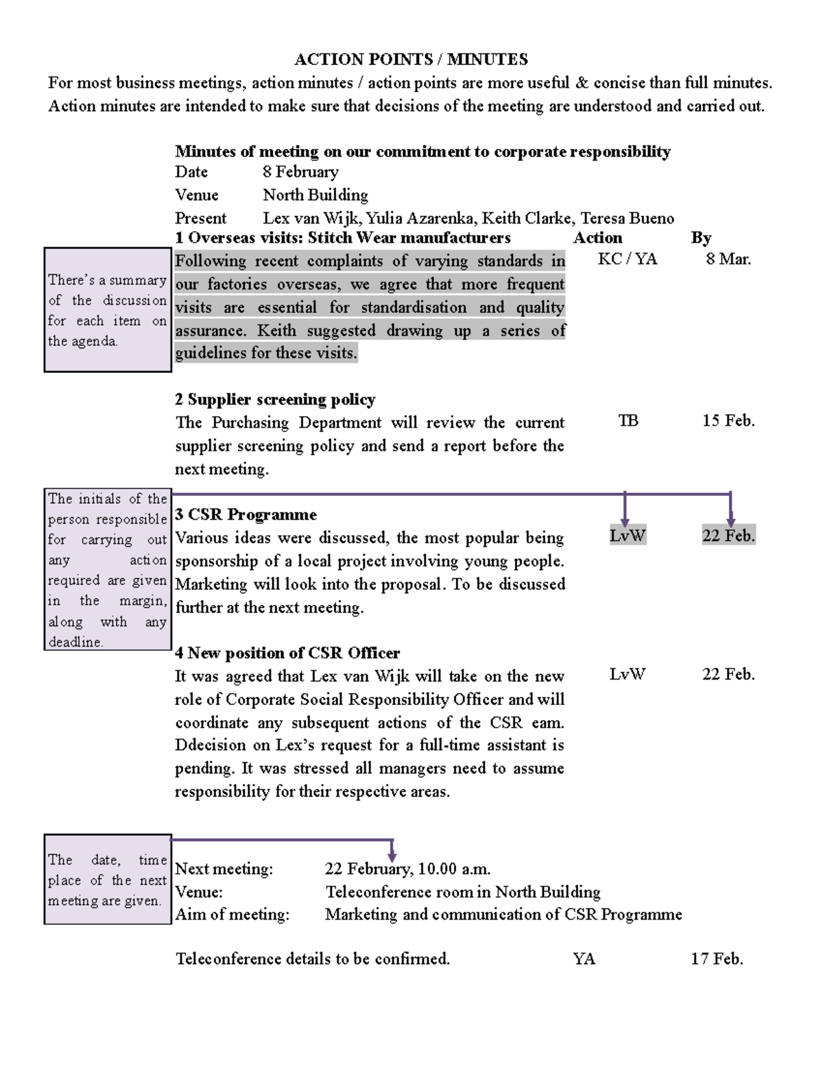 Structure of Action Points & Example - ACTION POINTS / MINUTES For most ...