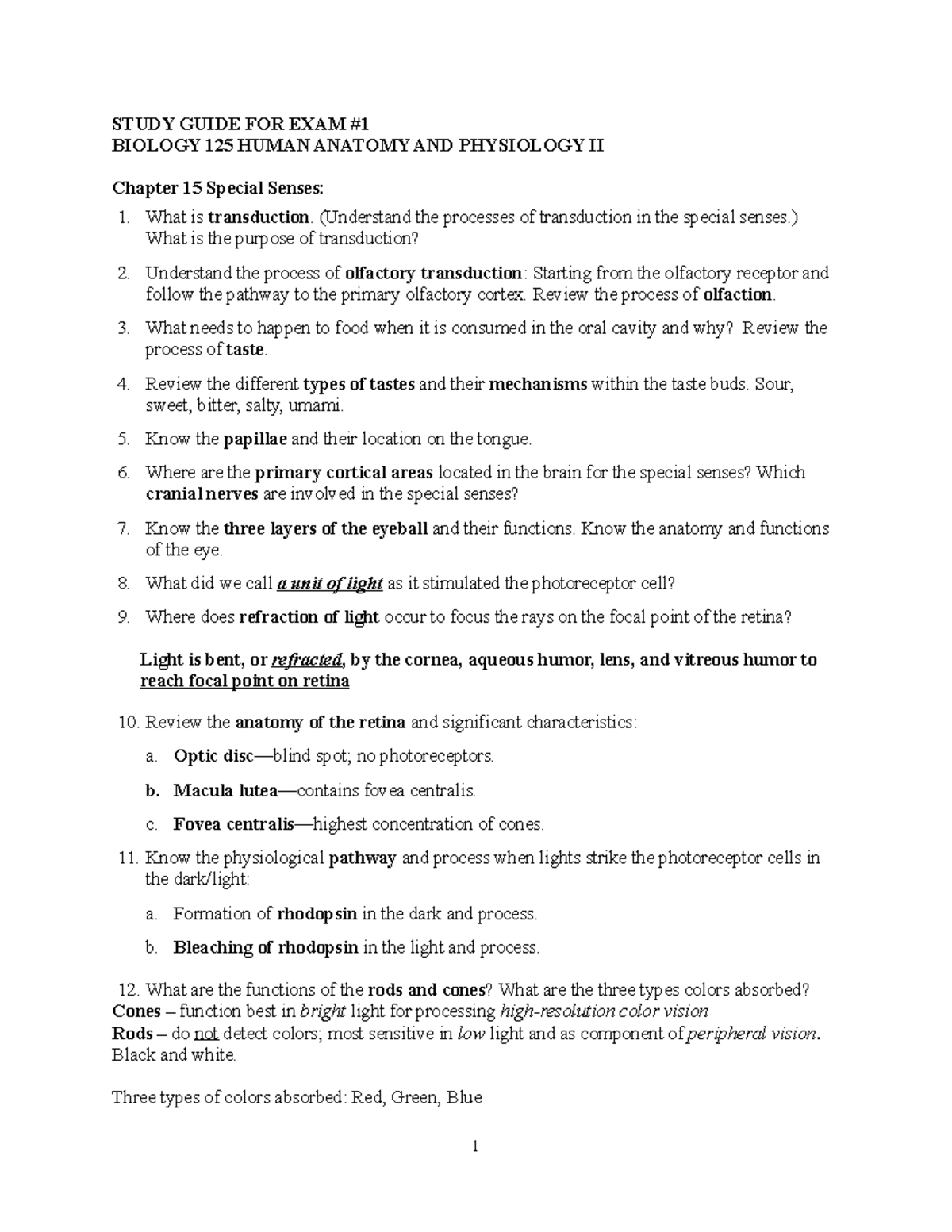 Biology 125 EXAM #1- Study Guide - STUDY GUIDE FOR EXAM BIOLOGY 125 ...