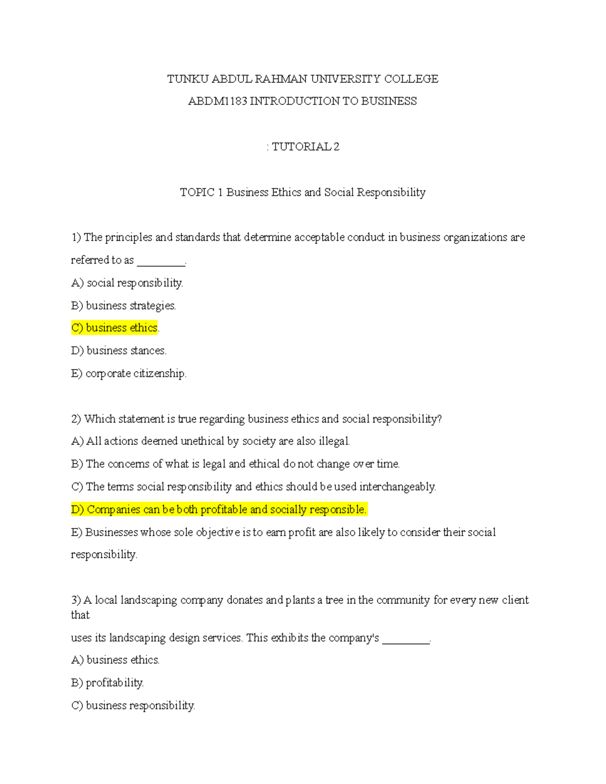 T2 Introduction to business - TUNKU ABDUL RAHMAN UNIVERSITY COLLEGE ...