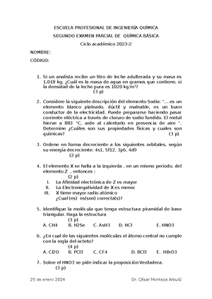 III EP QB 2023-2 - examen - ESCUELA PROFESIONAL DE INGENIERÍA QUÍMICA TERCER EXAMEN PARCIAL DE ...