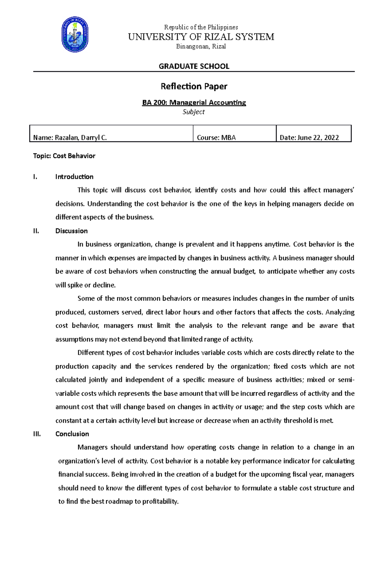 Razalan, Darryl C. - Reflection Paper Form (Cost Behavior) - GRADUATE ...