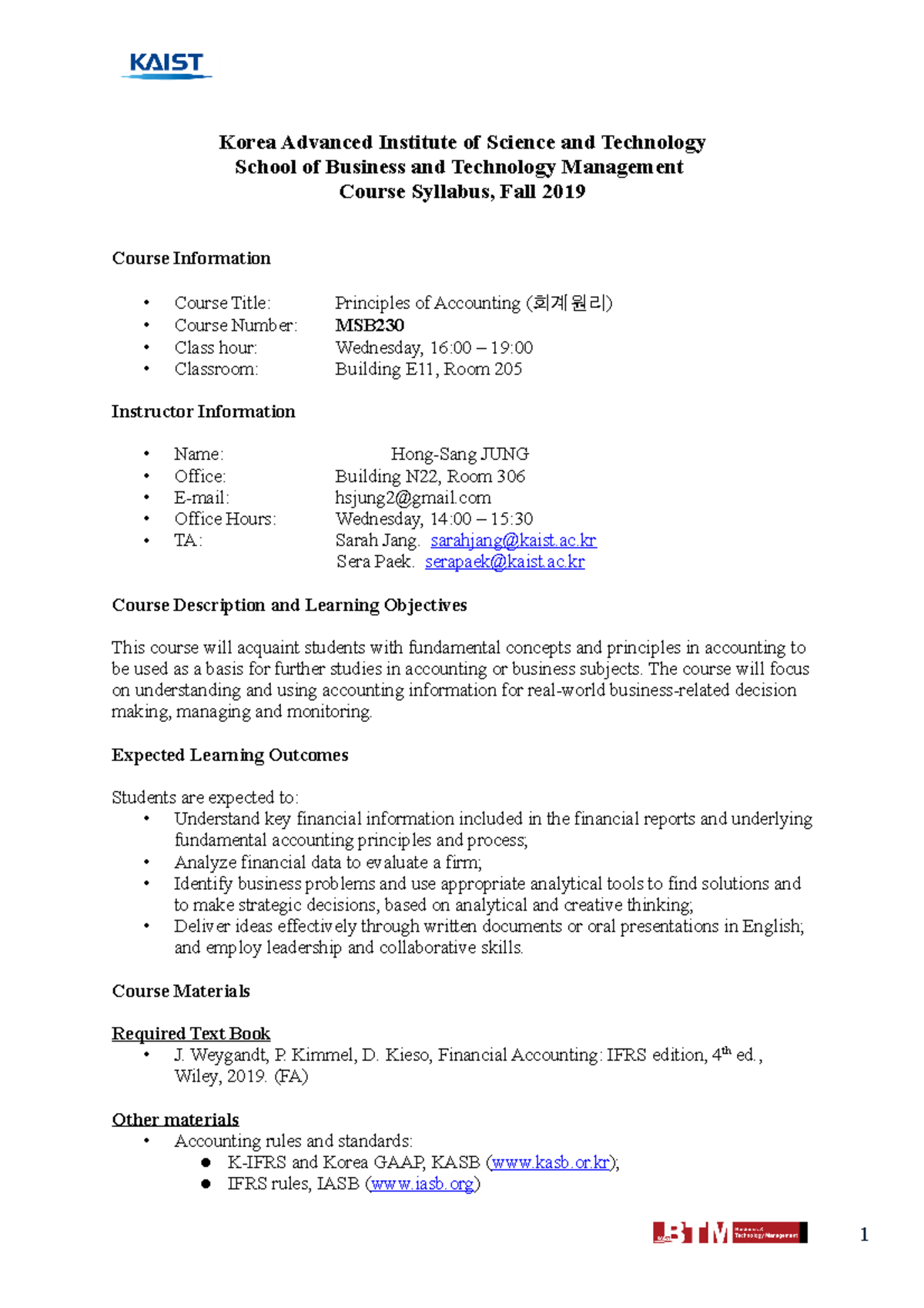 2019 F Syllabus - Korea Advanced Institute of Science and Technology ...