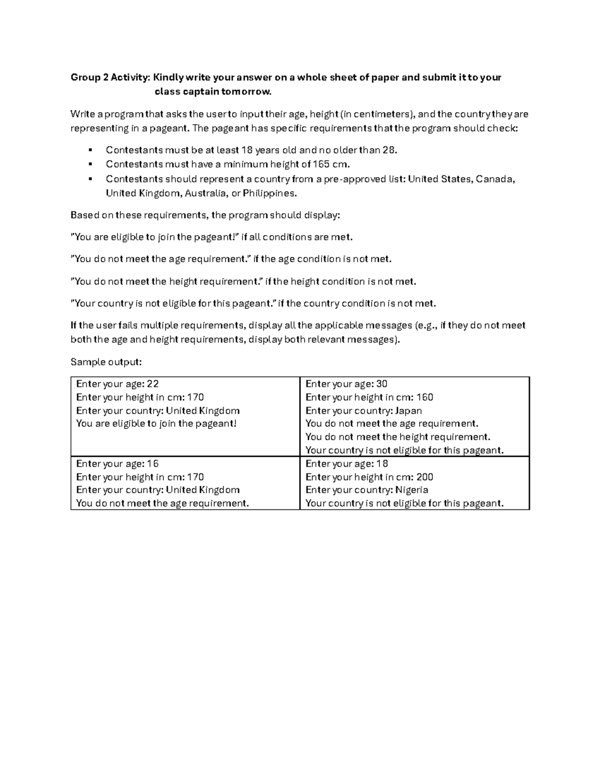 Group 1 and 2 Activity - Group 2 Activity: Kindly write your answer on ...