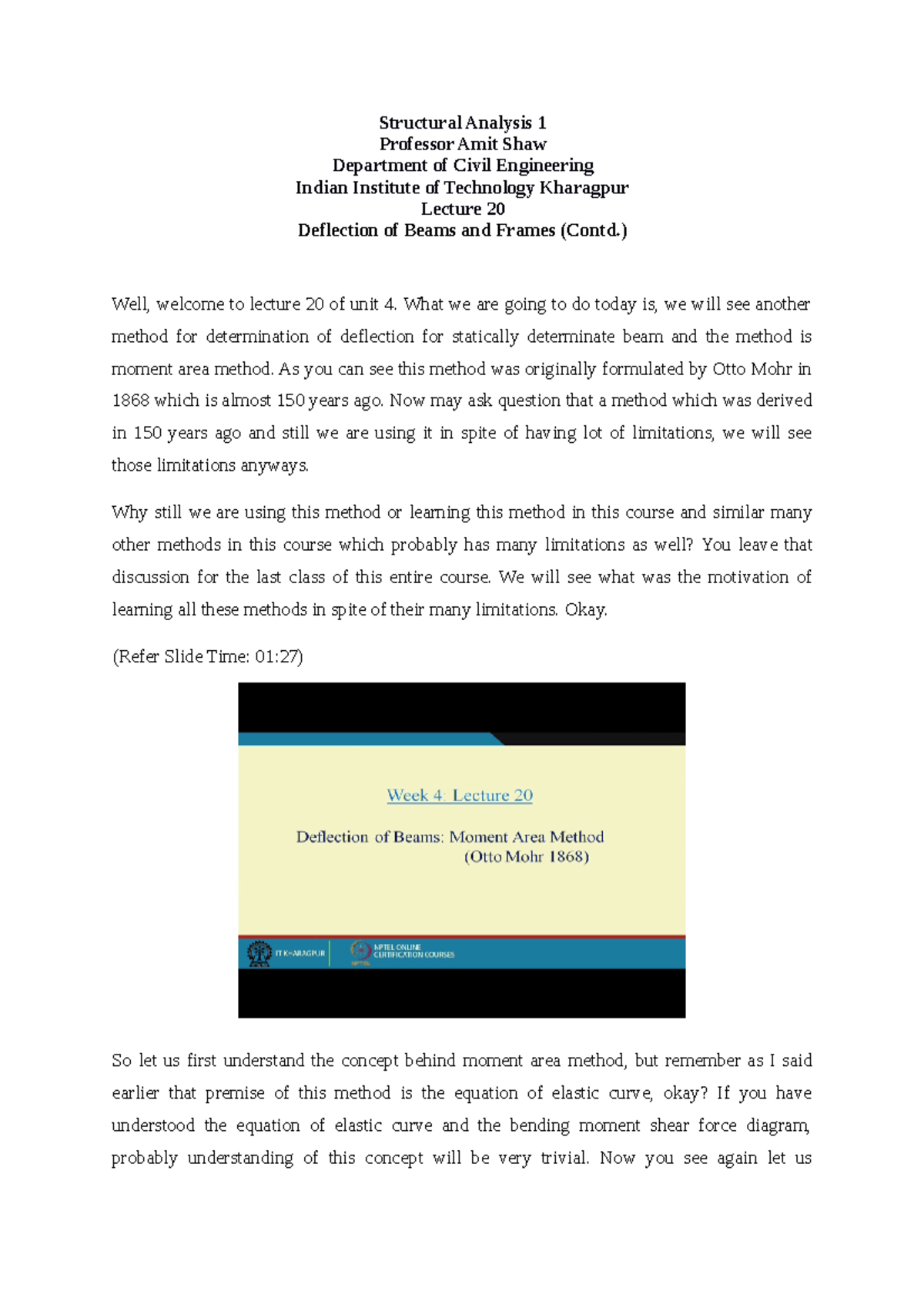 Lec20 - Nptel - Structural Analysis 1 Professor Amit Shaw Department of ...